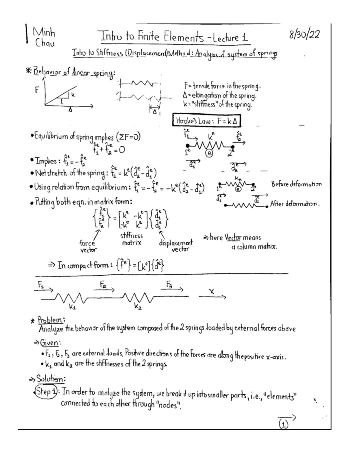 Lecture 1 Springs Analysis - I Minh Intro to Finite Elements Lecture 1 ...