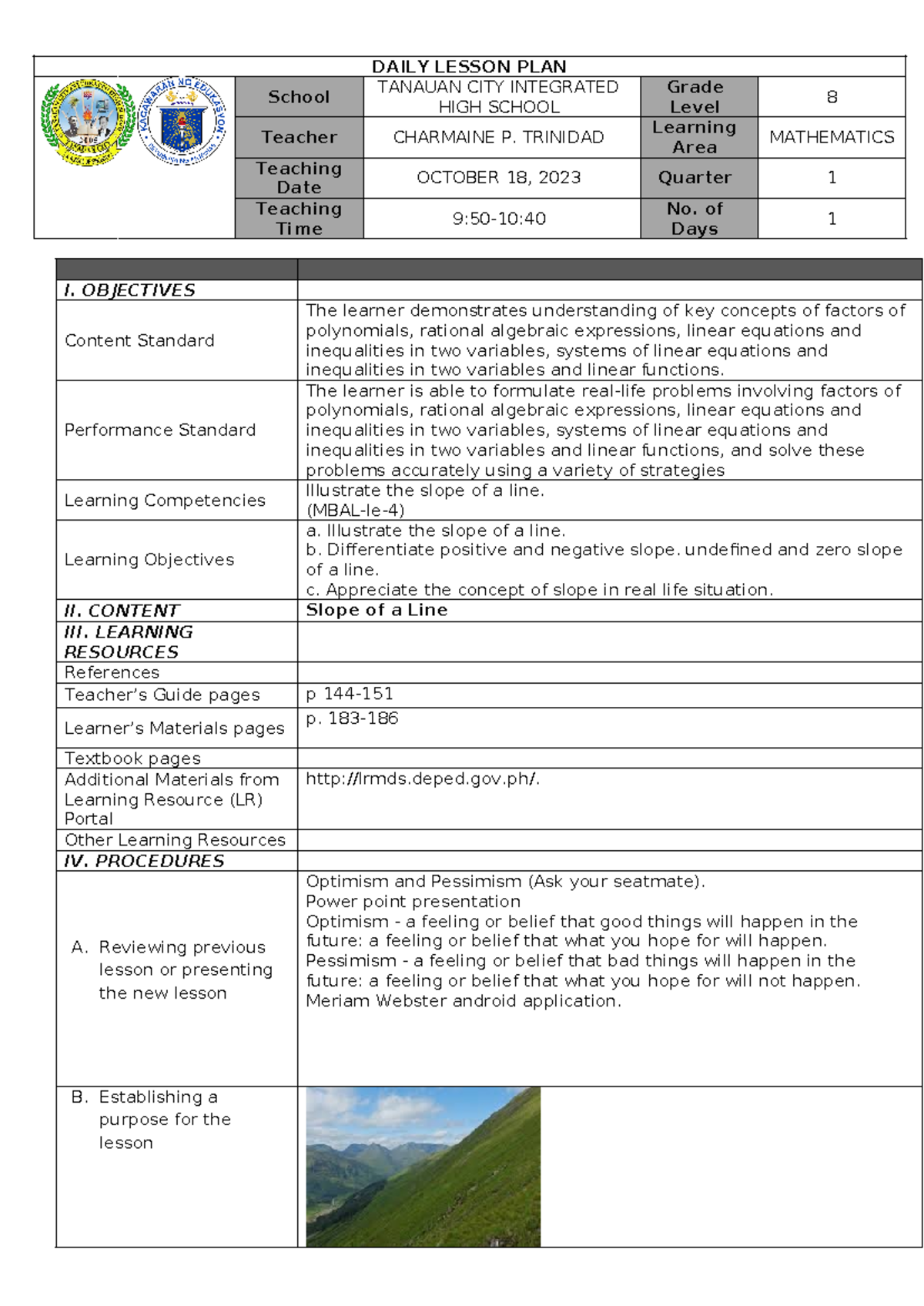 DLL CO-23-24 maine - DAILY LESSON PLAN School TANAUAN CITY INTEGRATED ...