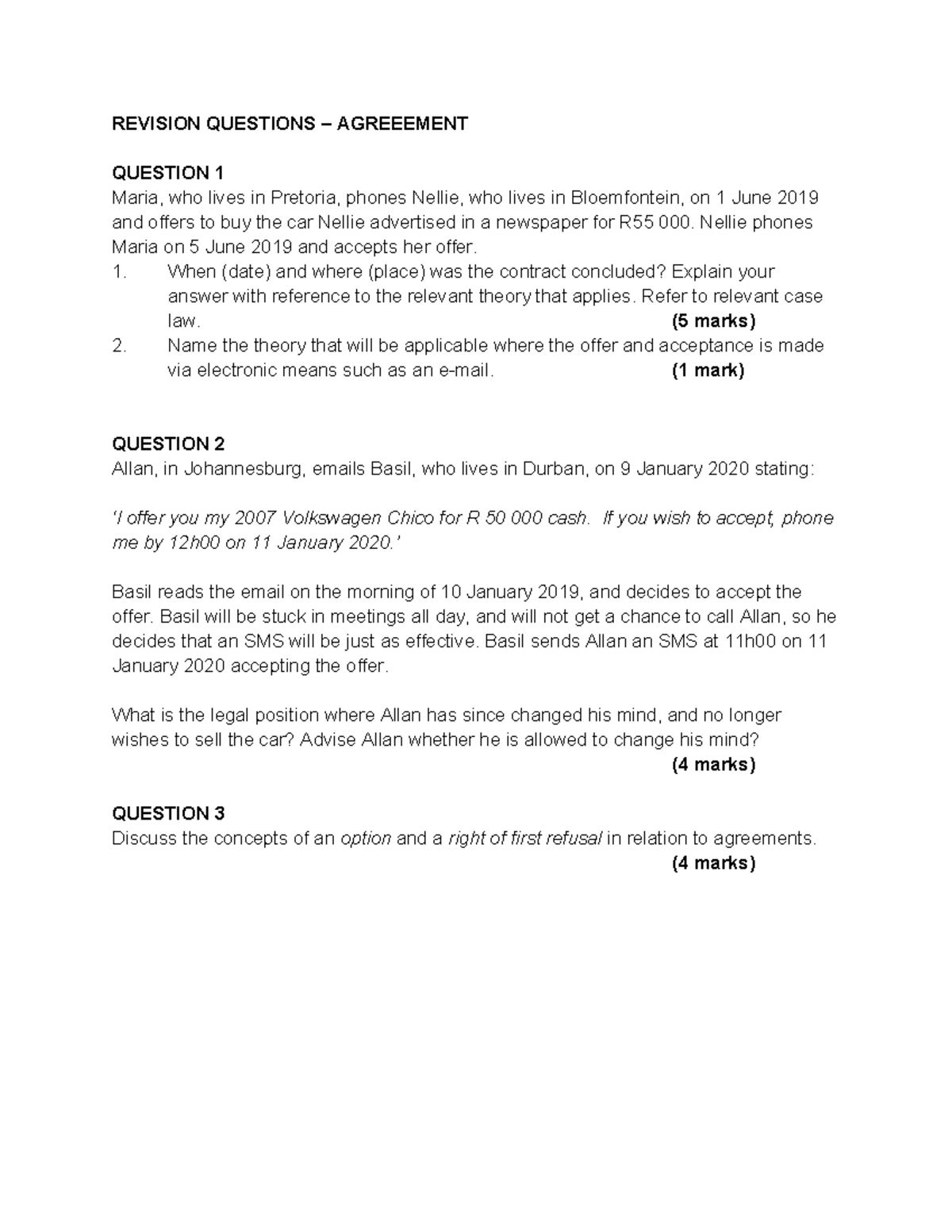Revision questions Agreement - REVISION QUESTIONS – AGREEEMENT QUESTION ...