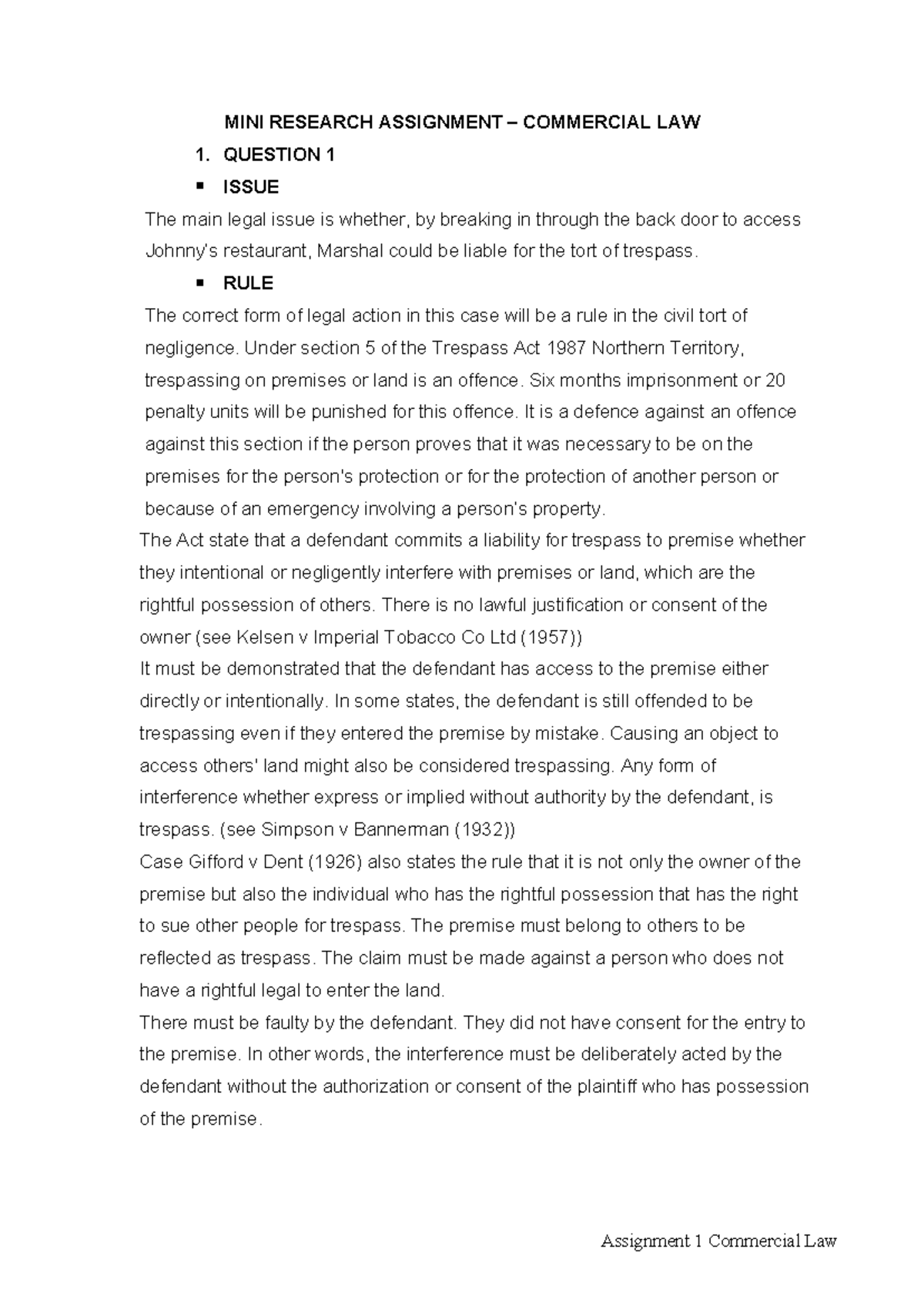 Law-Assignment 1 - MINI RESEARCH ASSIGNMENT – COMMERCIAL LAW 1 ...