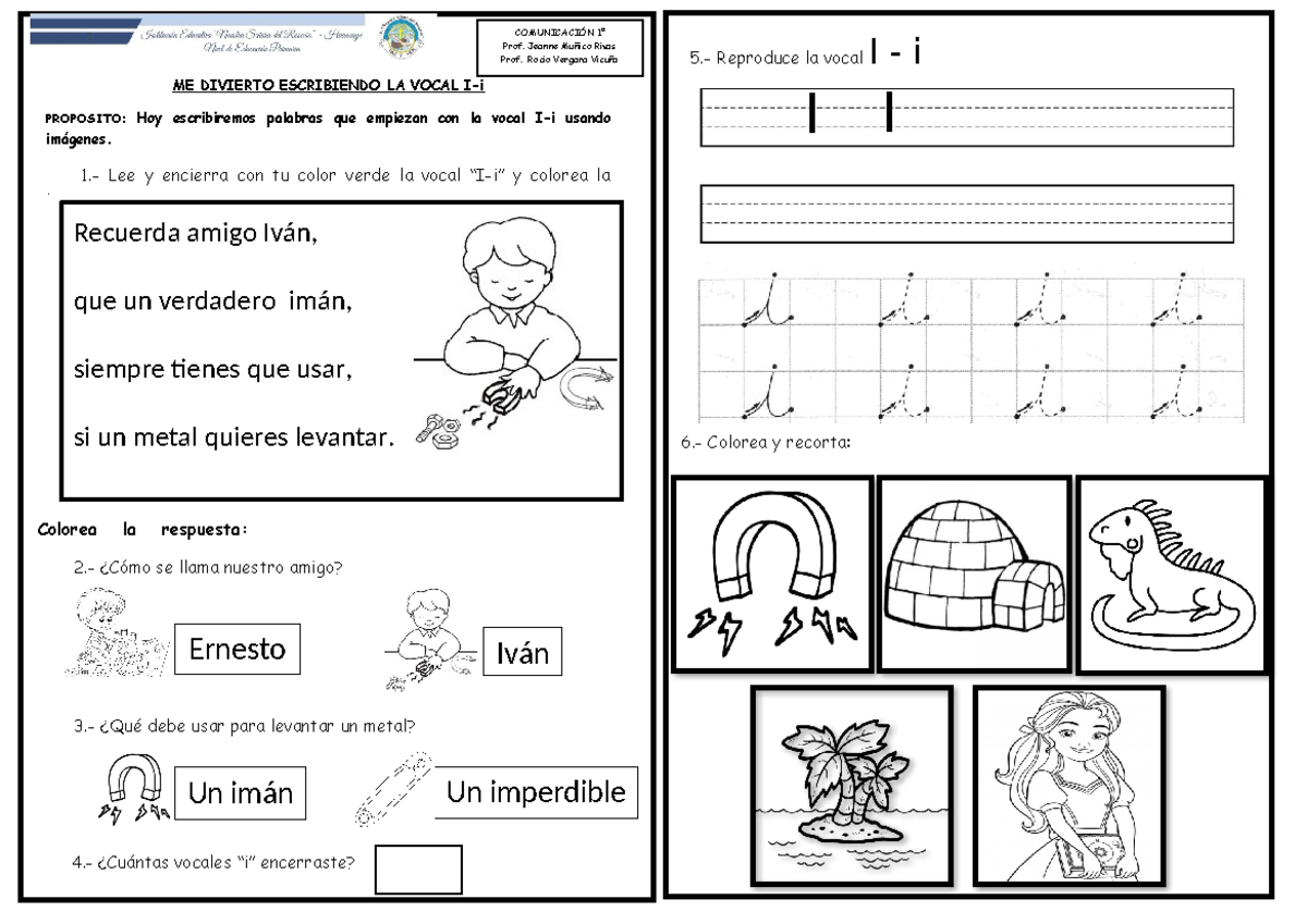 Practicas DE LA Vocal I-i - COMUNICACIÓN 1° Prof. Jeanne Muñico Rivas ...