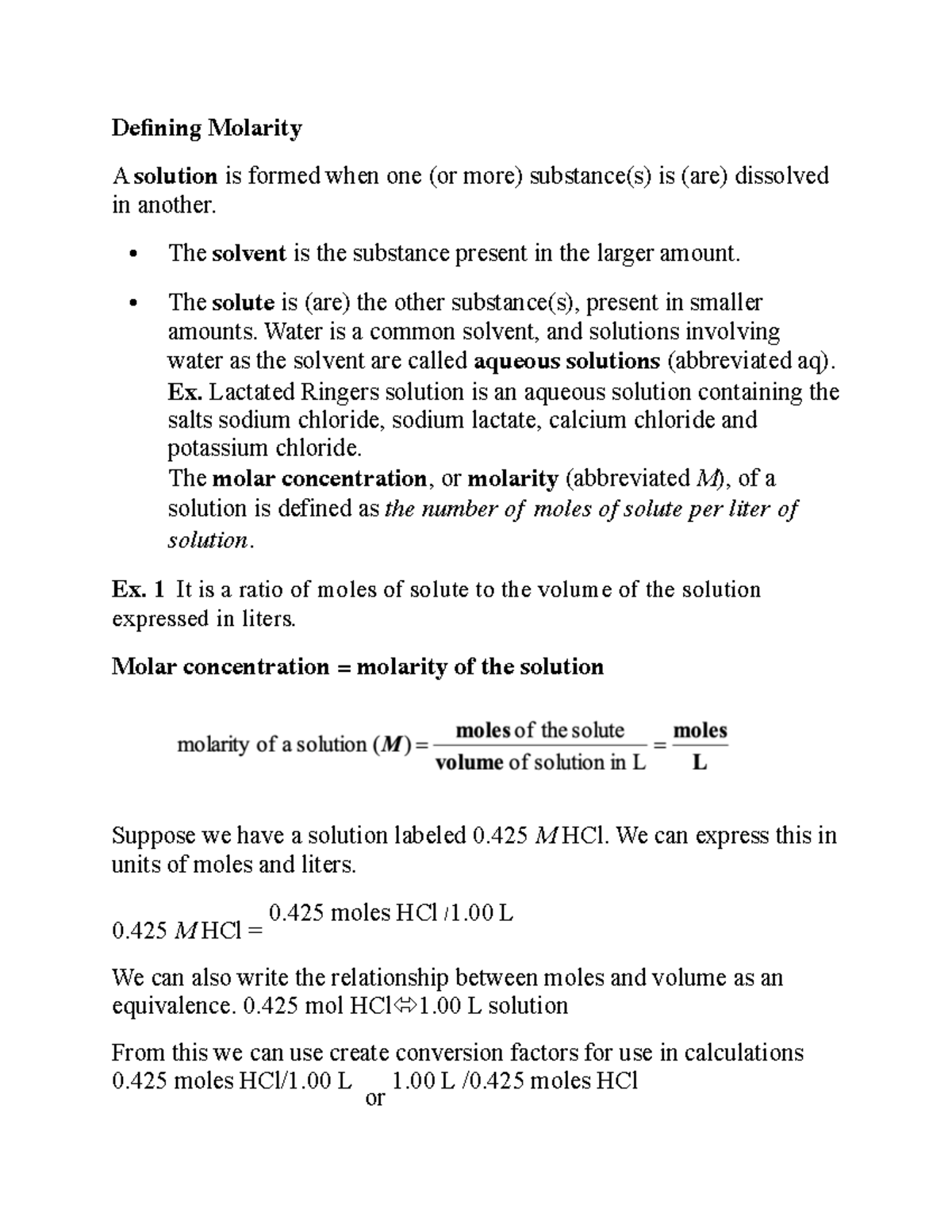 General Chemistry Notes Lecture - Defining Molarity A solution is ...