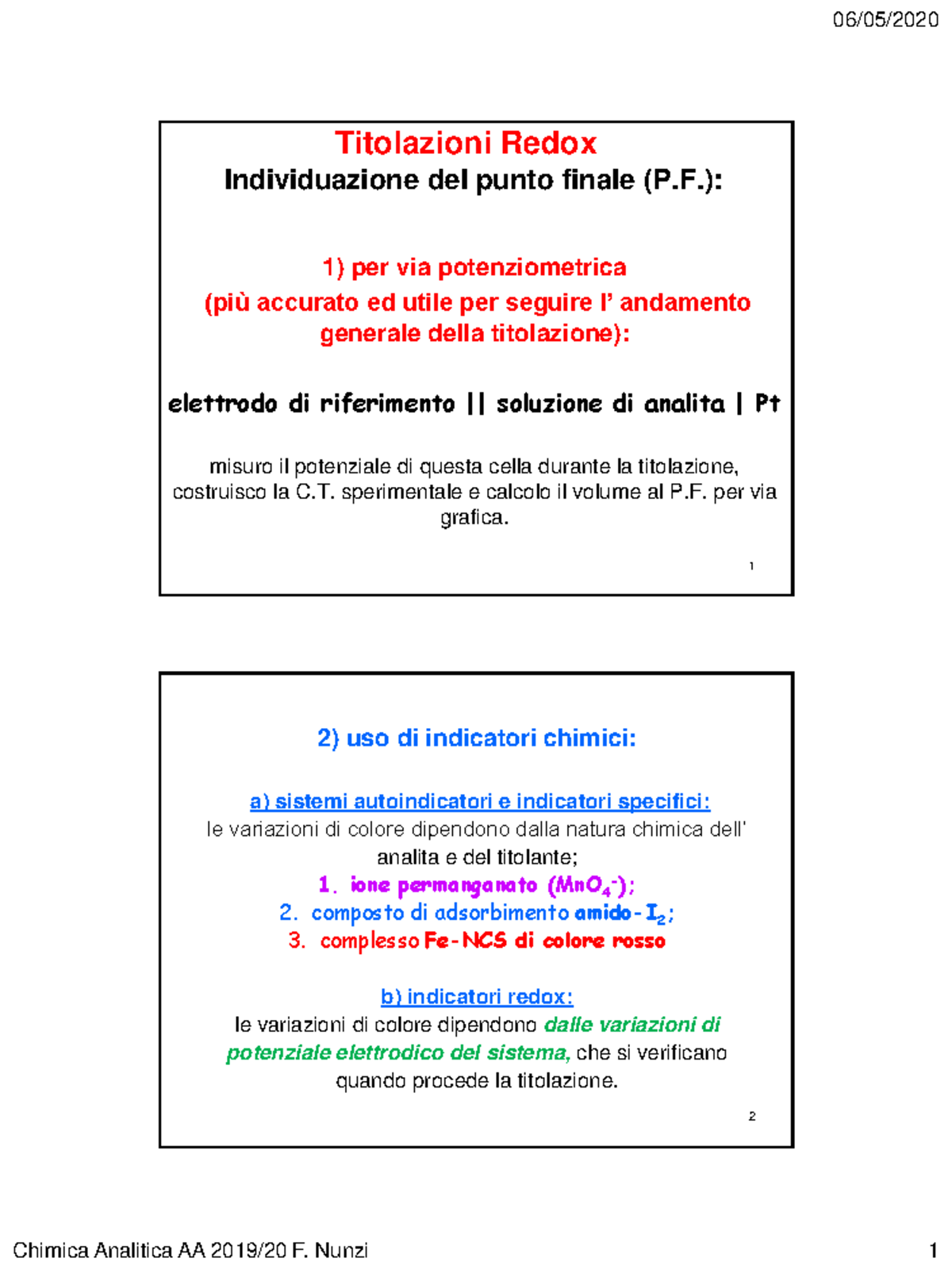 15-LEZ2 6maggio Indicatori Redox - Titolazioni Redox Individuazione del punto finale (P.): 1 ...