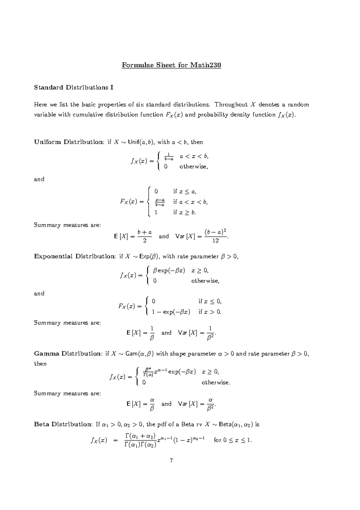 Formula sheet - Summary Probability II - Formulae Sheet for Math ...