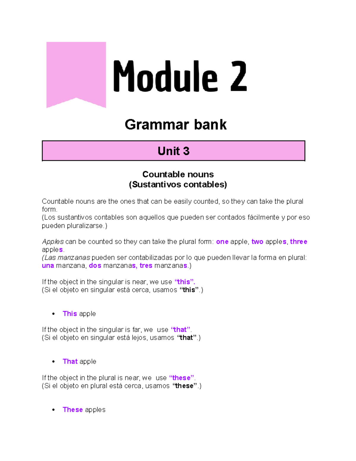 Modulo 2, gramatica - Grammar bank Unit 3 Countable nouns (Sustantivos ...
