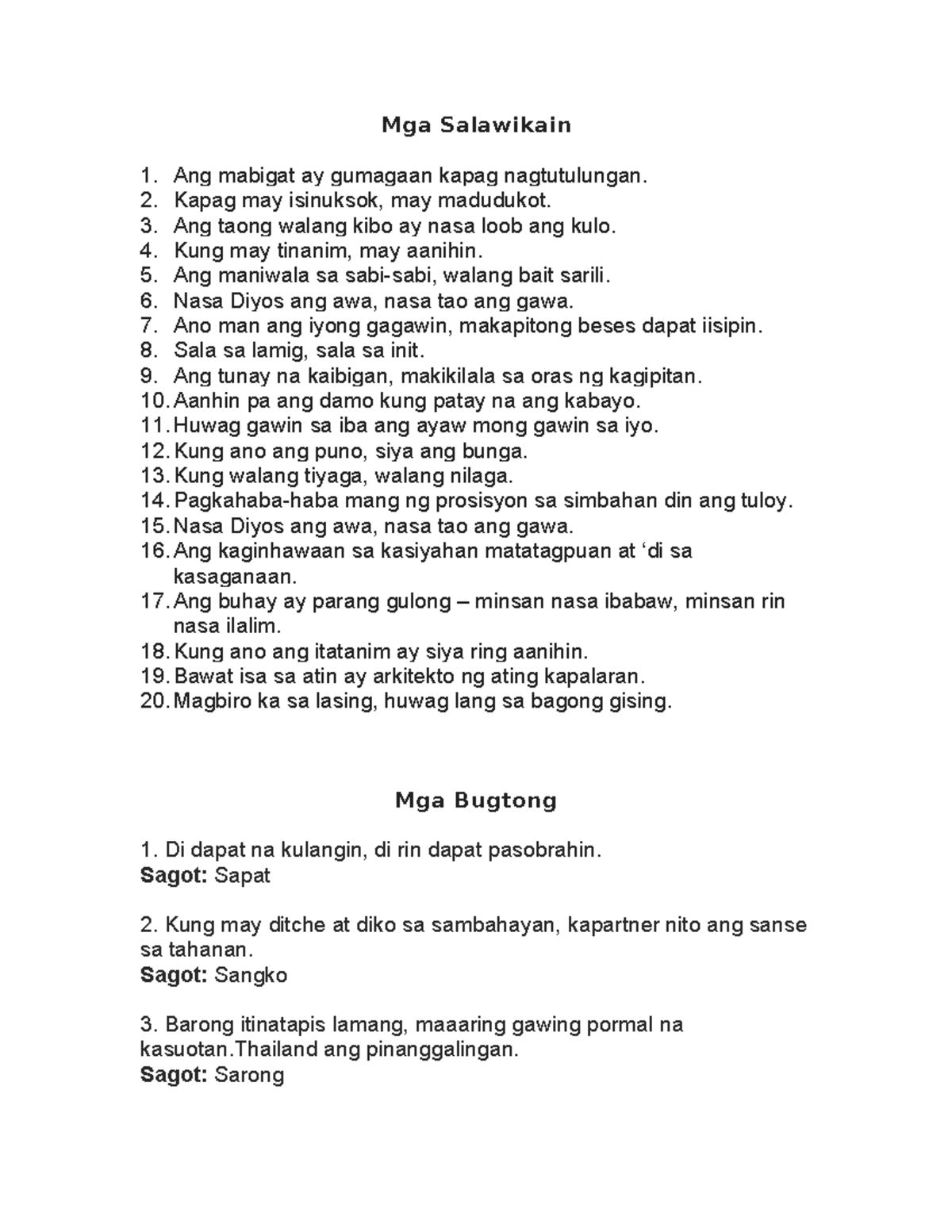 Mga Salawikain at Bugtong - Mga Salawikain Ang mabigat ay gumagaan ...