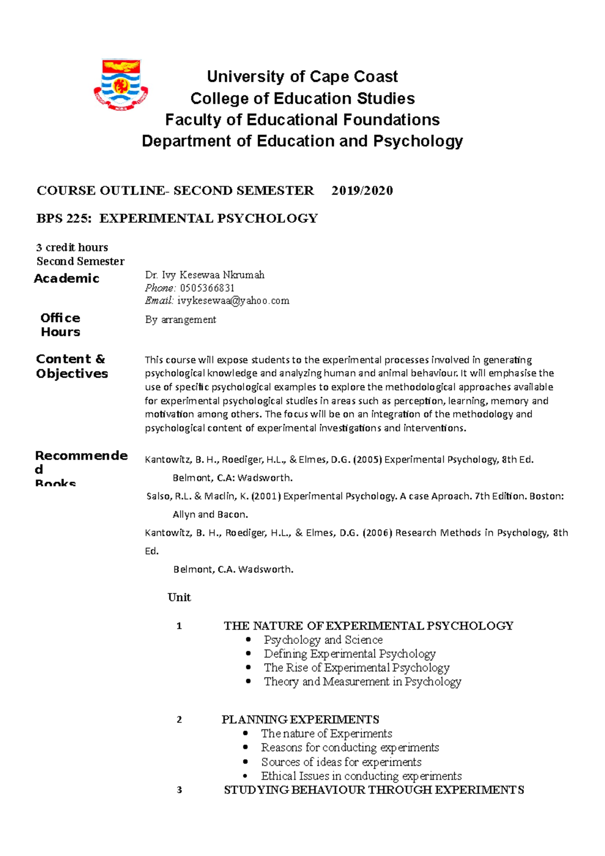 0experimental psychology outline-2 - University of Cape Coast College ...