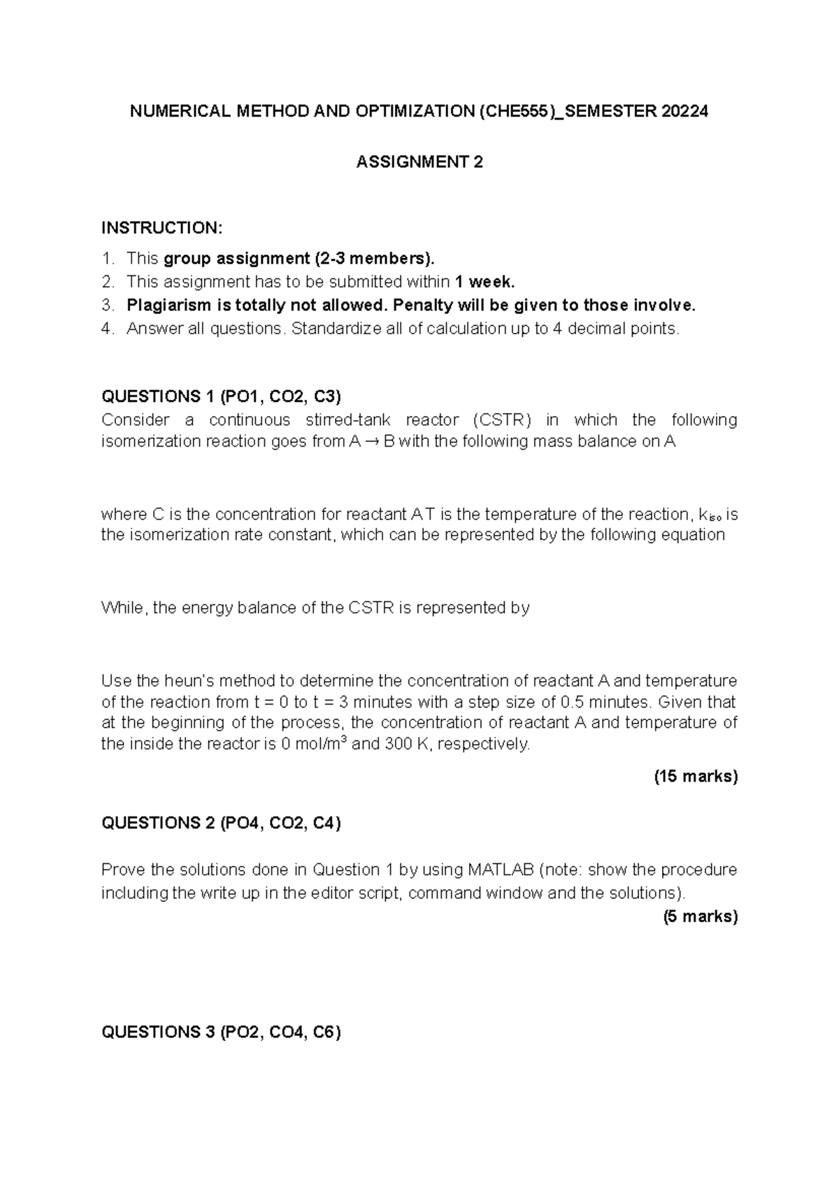 Assignment 2 CHE555 20224 - NUMERICAL METHOD AND OPTIMIZATION (CHE555)_SEMESTER 20224 ASSIGNMENT ...
