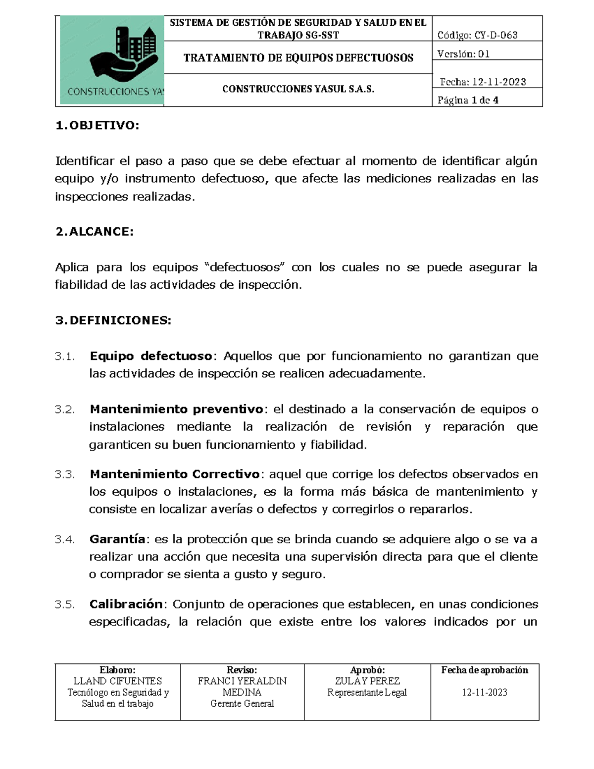 CY-D-016 Tratamiento DE Equipo Defectuoso - TRABAJO SG-SST Código: CY-D ...
