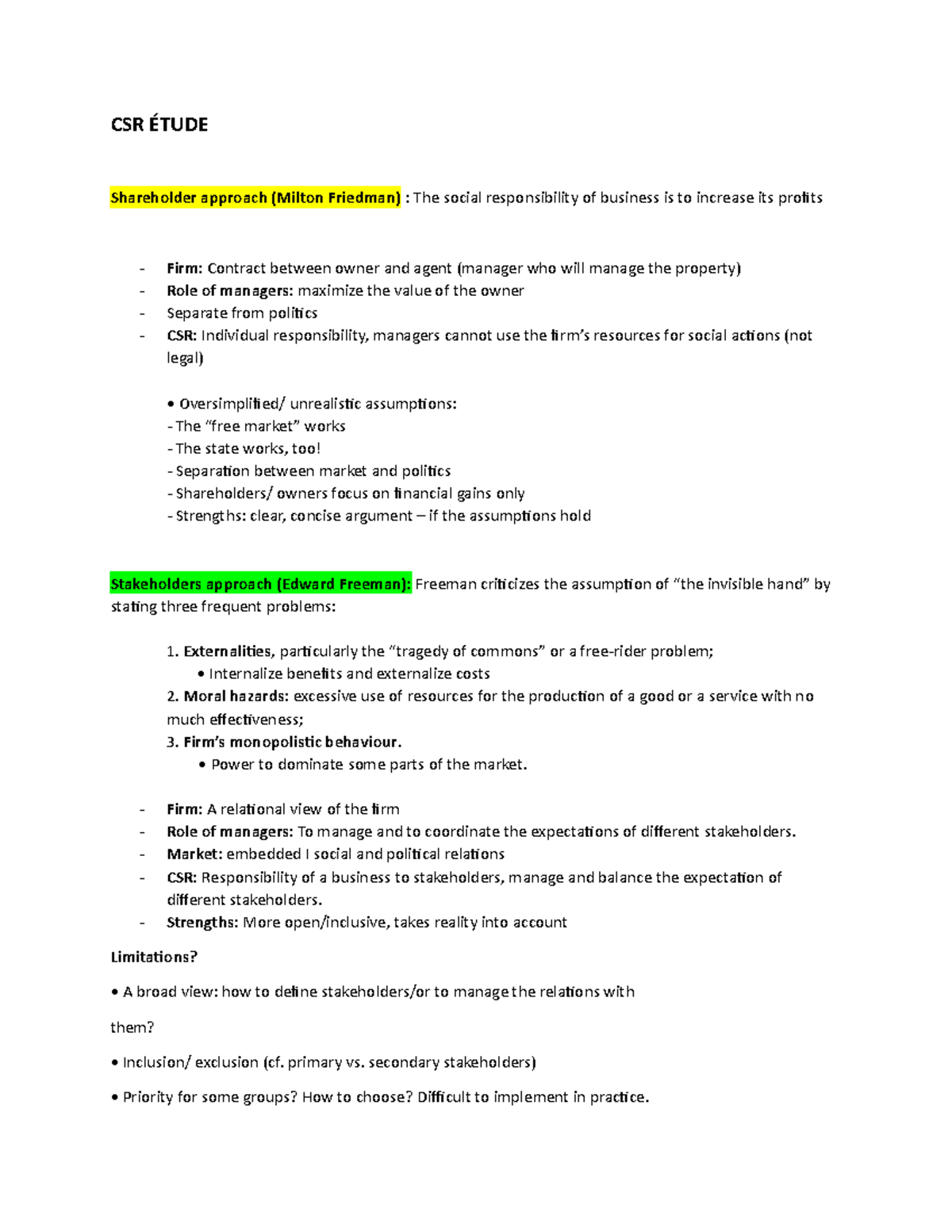 CSR Examen ITRA - Lecture notes - CSR ÉTUDE Shareholder approach ...