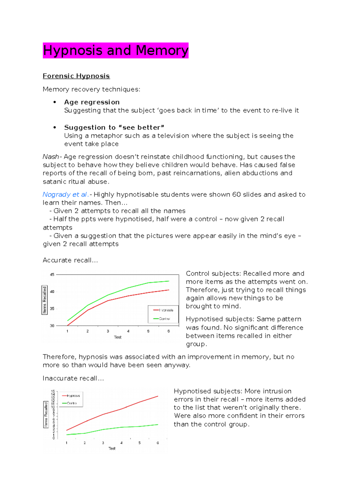 Lecture 12- Hypnosis and Memory - Hypnosis and Memory Forensic Hypnosis ...