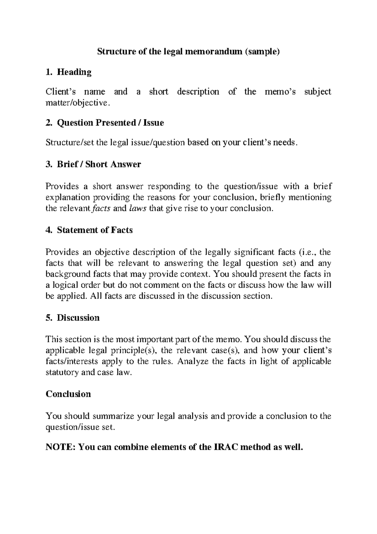 Structure of the legal memorandum (just recommended sample, not ...