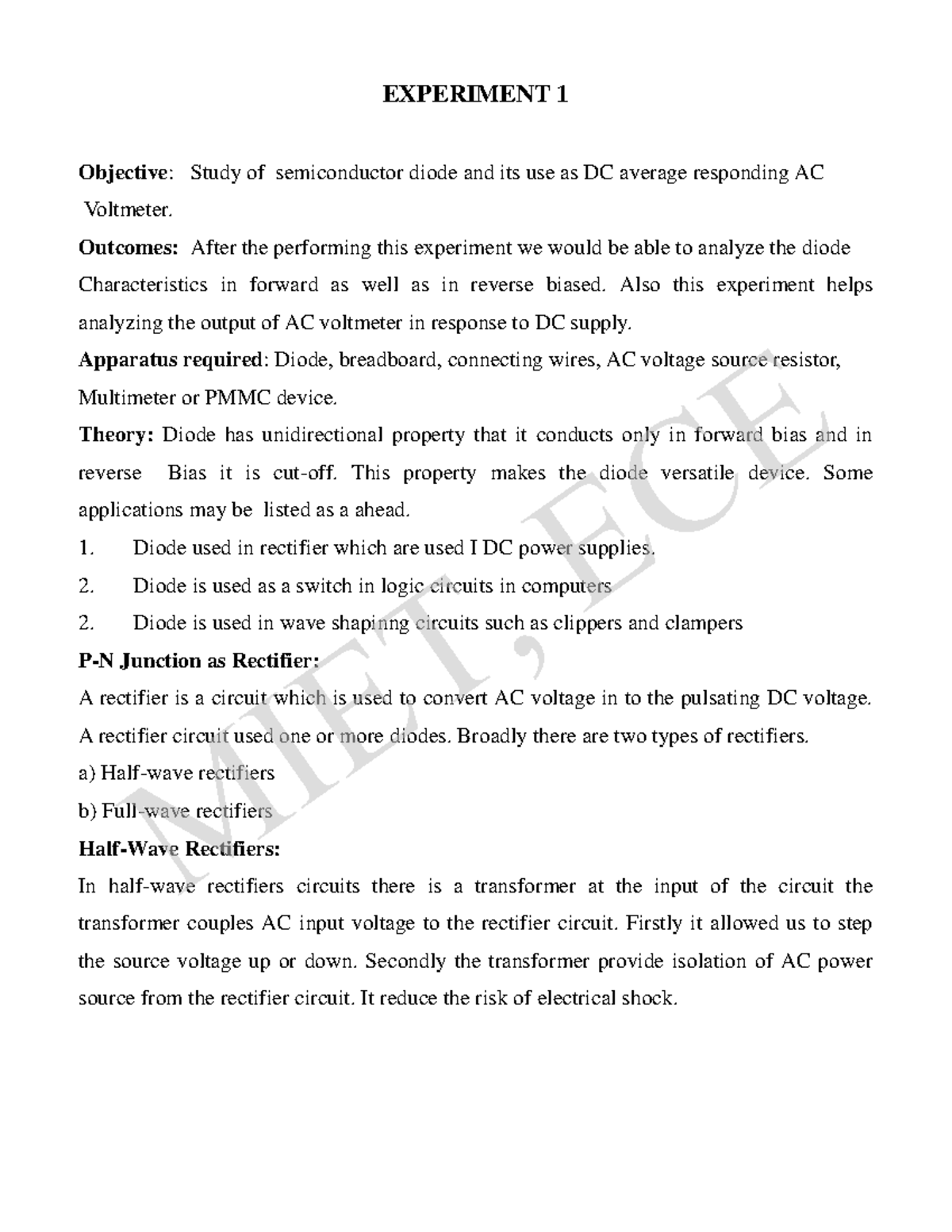 EMI Lab REC-453 - EXPERIMENT 1 Objective: Study of semiconductor diode and its use as DC average ...