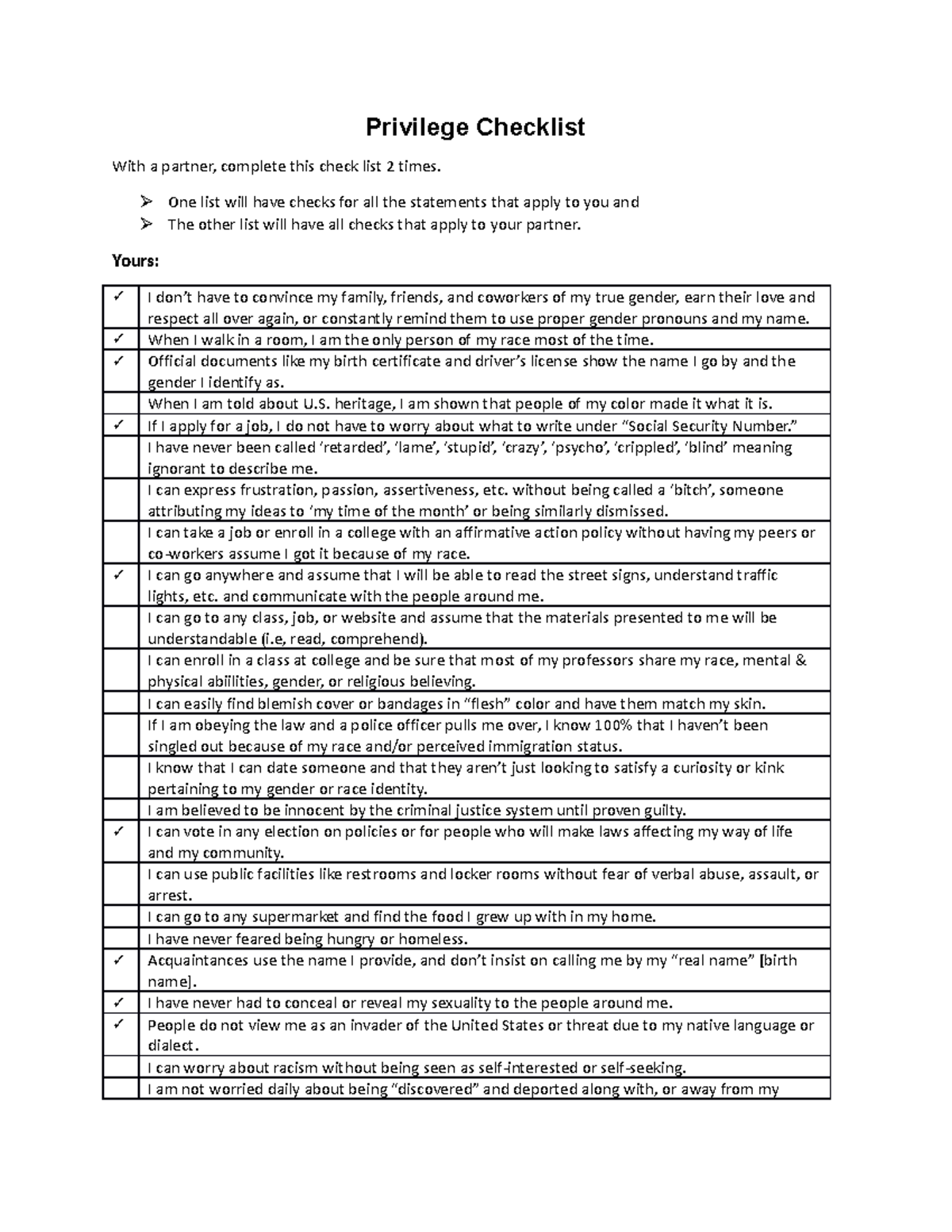 Privilege Checklist - not for the weak - Privilege Checklist With a ...