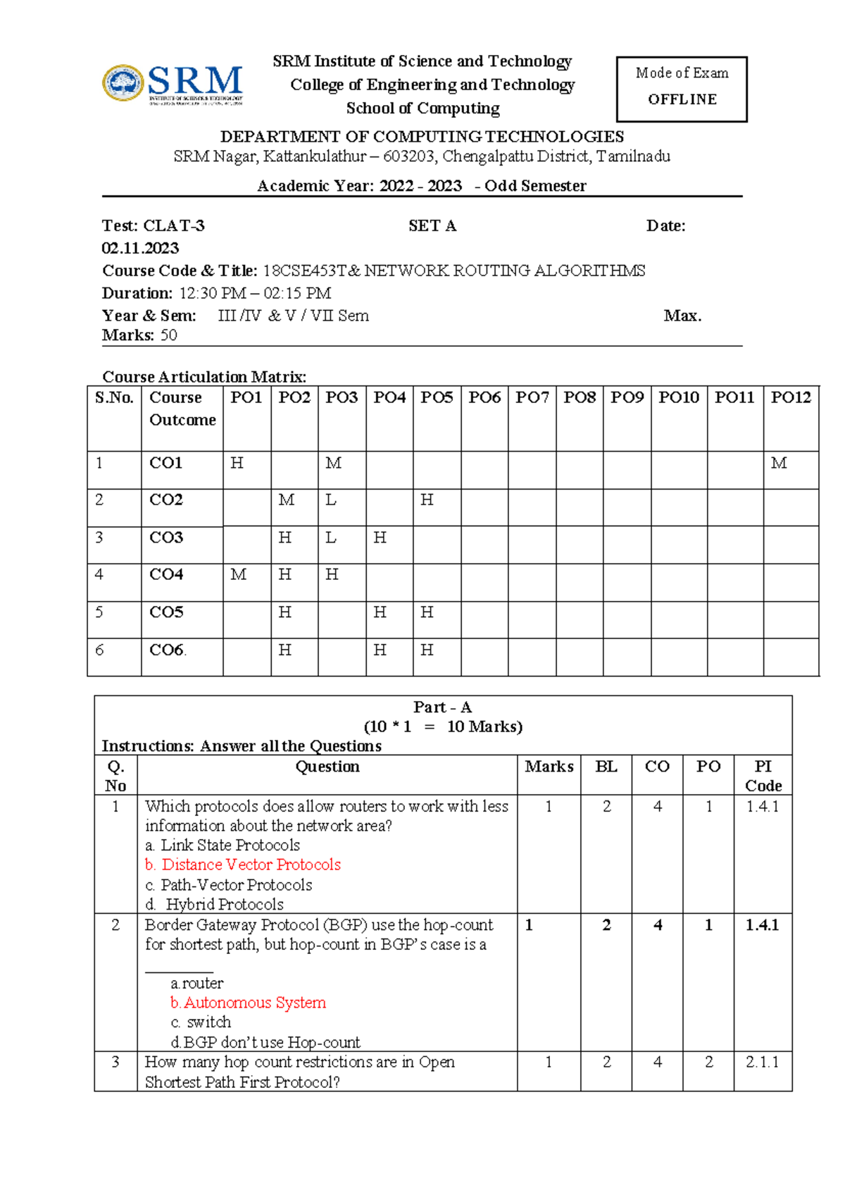 722004 048 SRM NRA CT3 Set A - SRM Institute of Science and Technology ...