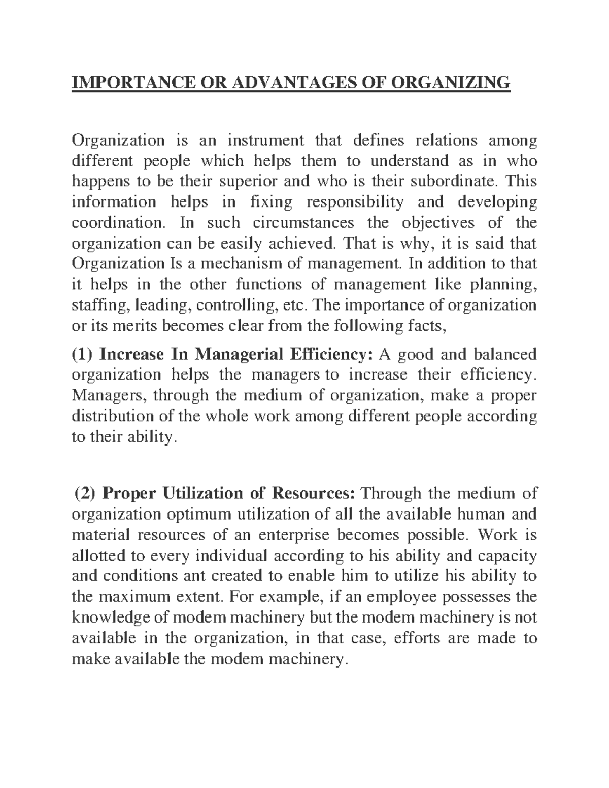 IMPORTANCE OR ADVANTAGES OF ORGANIZING - IMPORTANCE OR ADVANTAGES OF ...