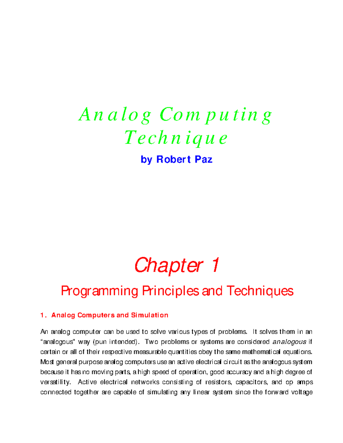 Analog computer manual - Analog Computing Technique by Robert Paz Chapter 1 Programming ...