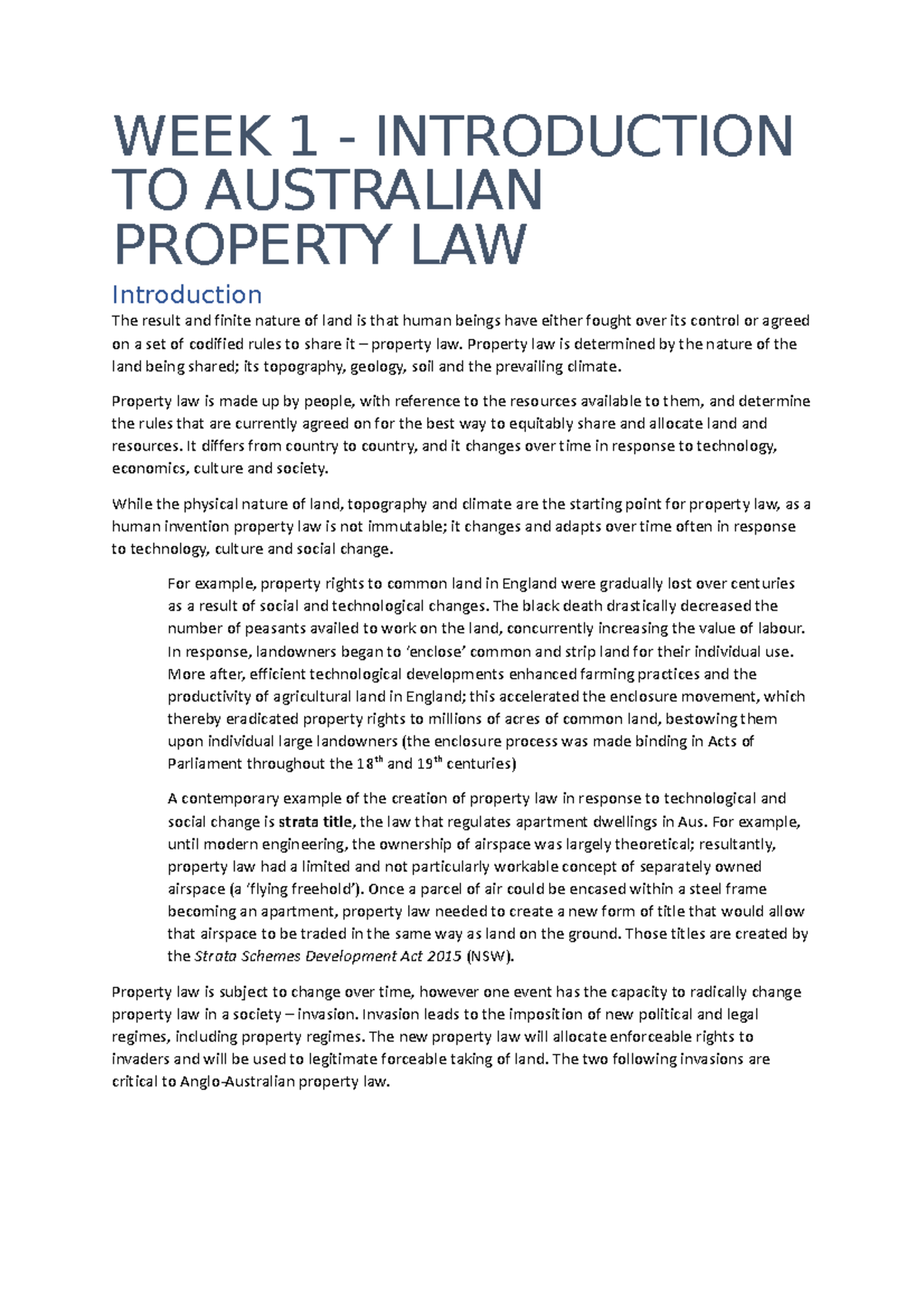 1 - Introduction to Australian Property Law - WEEK 1 - INTRODUCTION TO ...