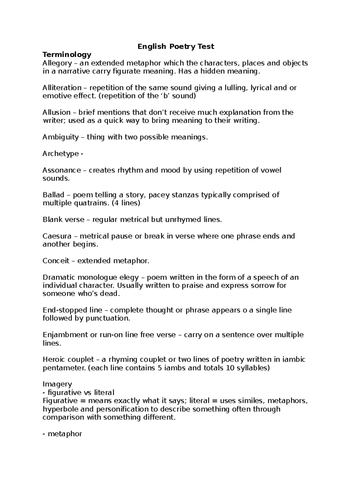 English Poetry Test - English Poetry Test Terminology Allegory – an ...