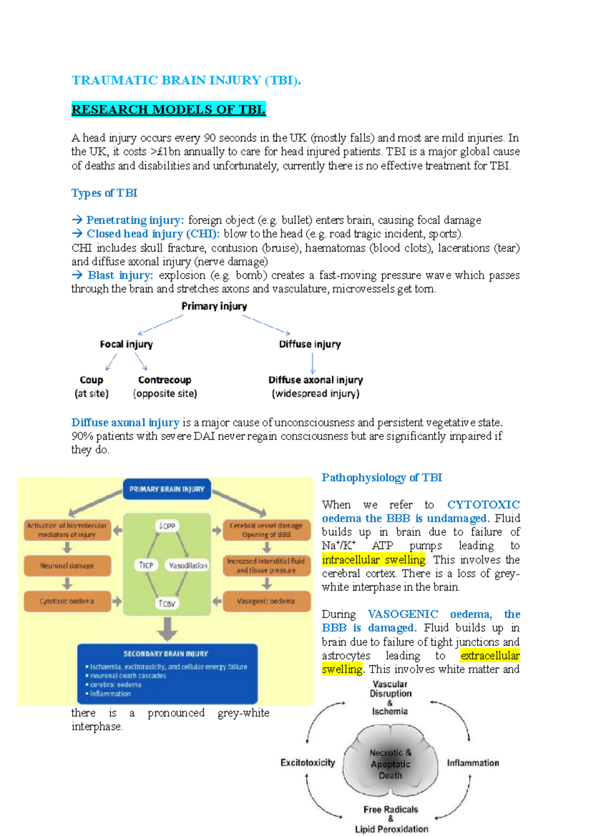 Content TBI - TRAUMATIC BRAIN INJURY (TBI). RESEARCH MODELS OF TBI. A ...