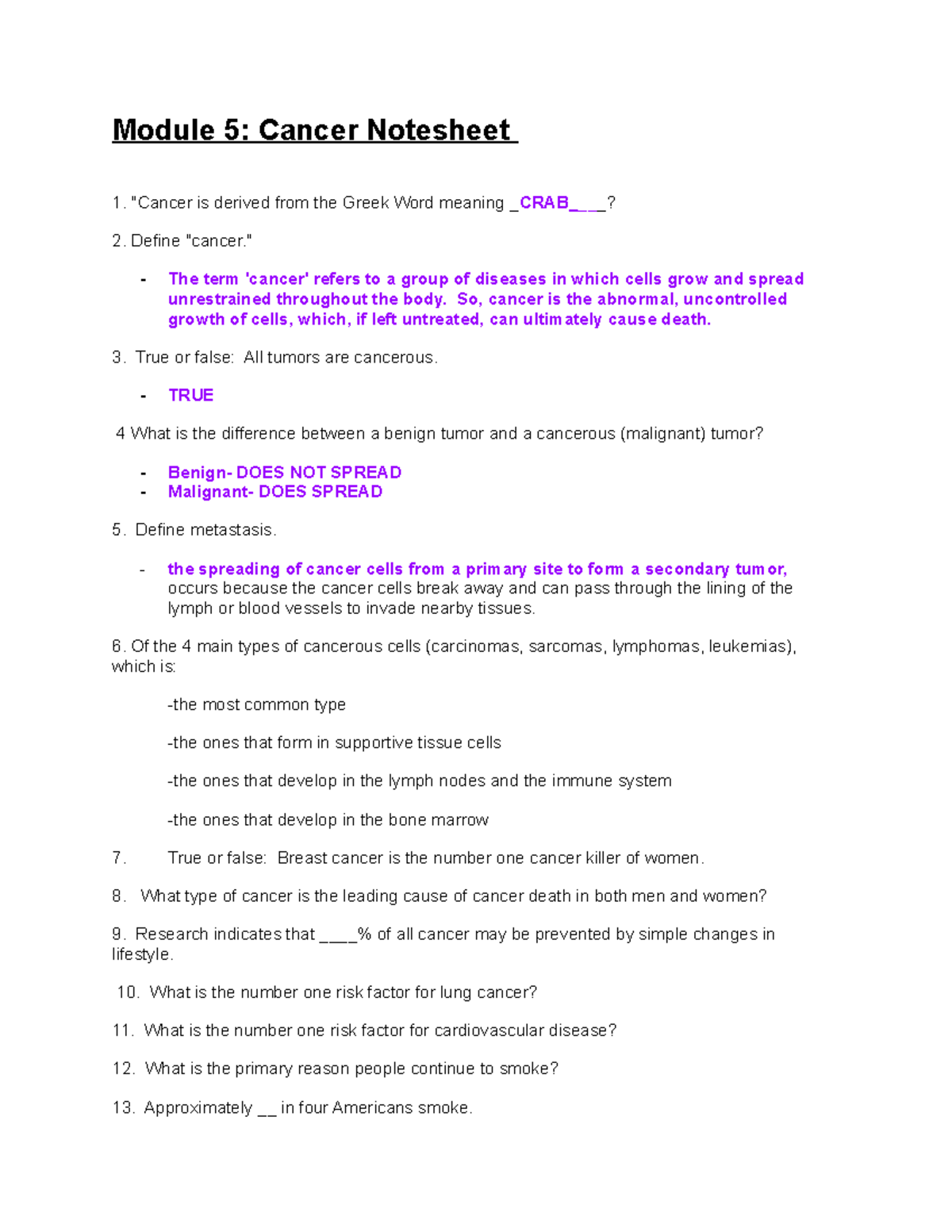 Module 5 Cancer Notesheet - Module 5: Cancer Notesheet "Cancer is ...