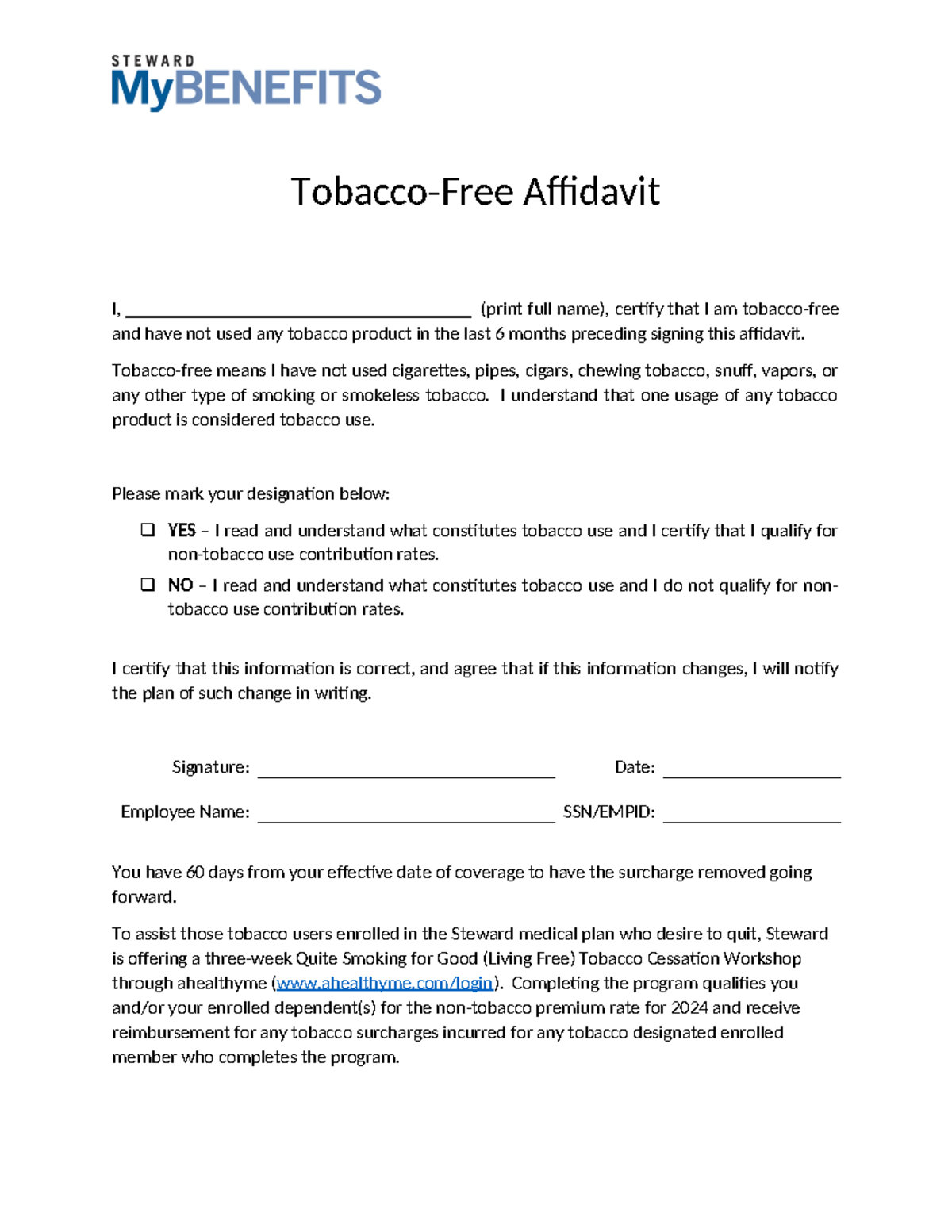 Tobacco Free Affidavit form - Tobacco-Free Affidavit I
