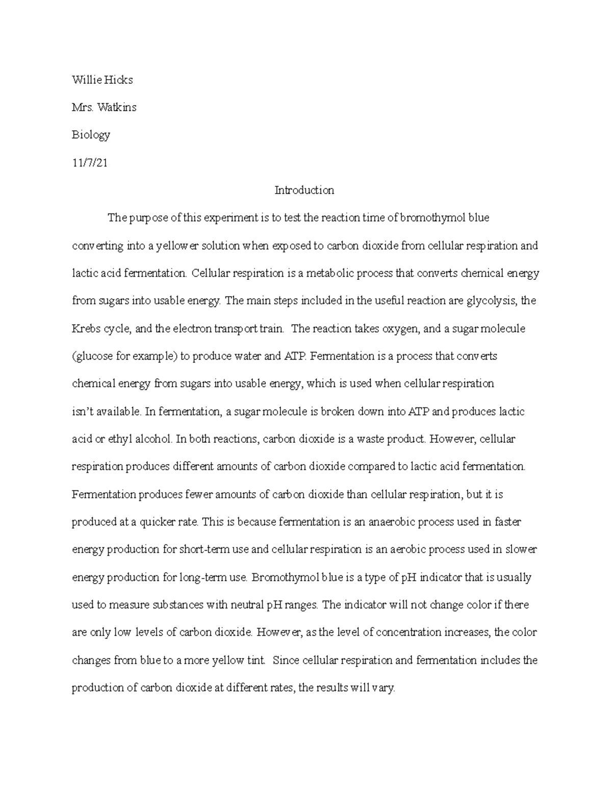 BTB CO2 Lab you know - Willie Hicks Mrs. Watkins Biology 11/7 ...