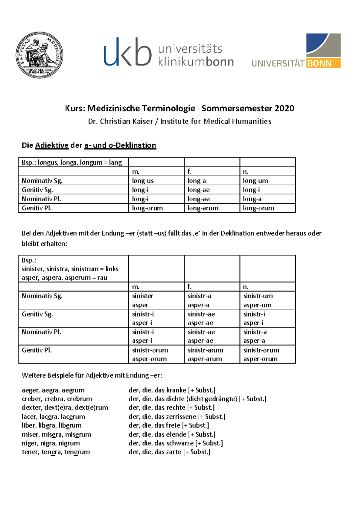 Handout Adjektive - Kurs: Medizinische Terminologie Sommersemester 2020 ...
