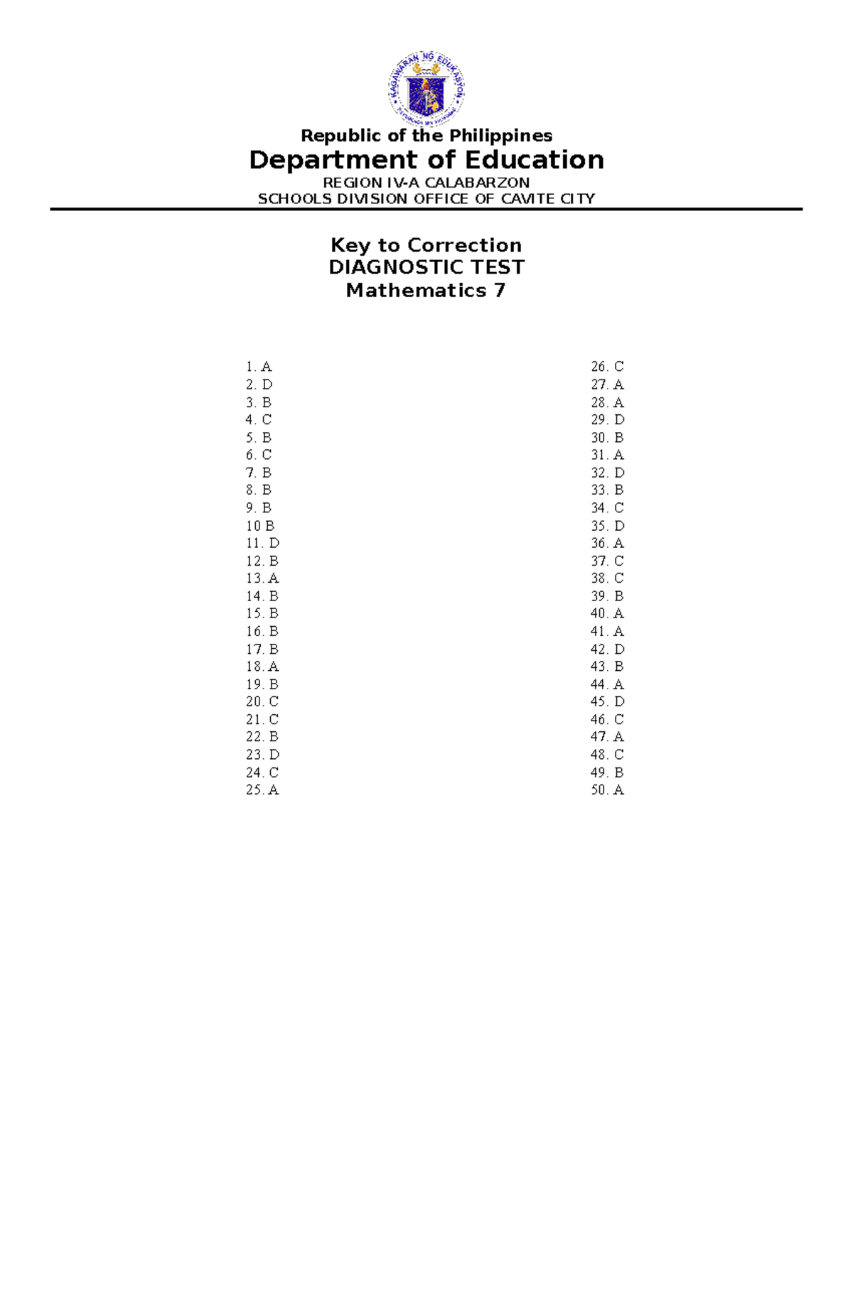 Grade 7 Mathematics Diagnostic 2021 KEY - Republic of the Philippines ...