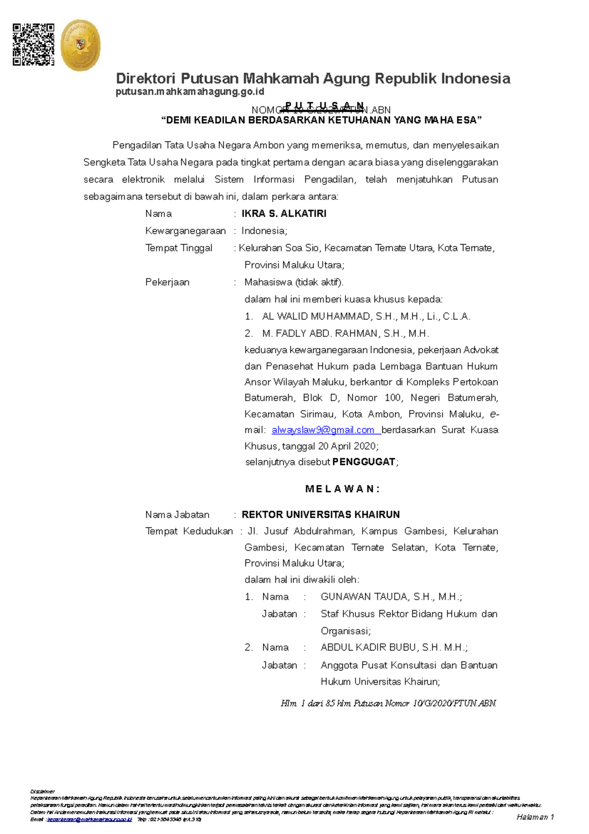 Putusan 10 g 2020 ptun - DisclaimerKepaniteraan Mahkamah Agung Republik ...