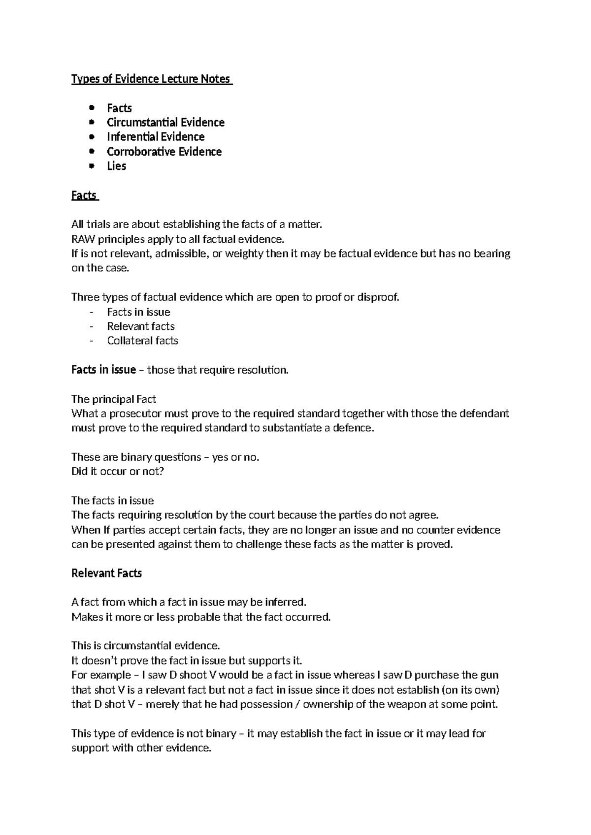 Types of Evidence Lecture Notes - RAW principles apply to all factual ...