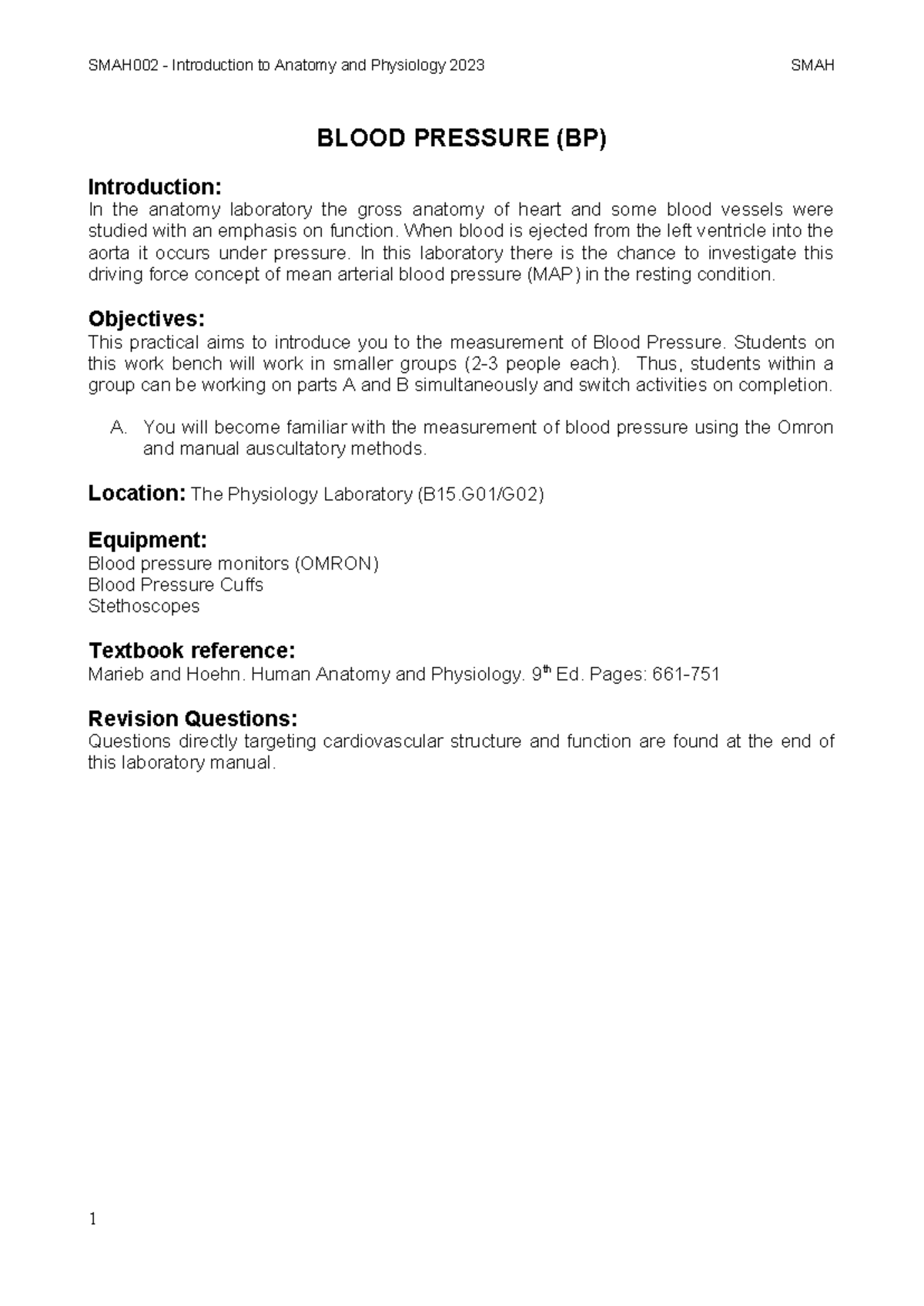 2023 BP Lab Manual - BLOOD PRESSURE (BP) Introduction: In the anatomy ...