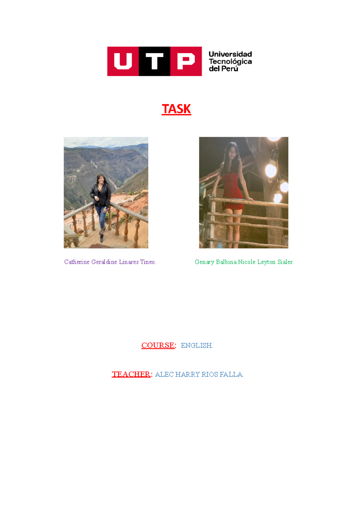 TASK04 Inglés - tarea - Catherine Geraldine Linares Tineo. Genary Balbina Nicole Leyton Sialer ...