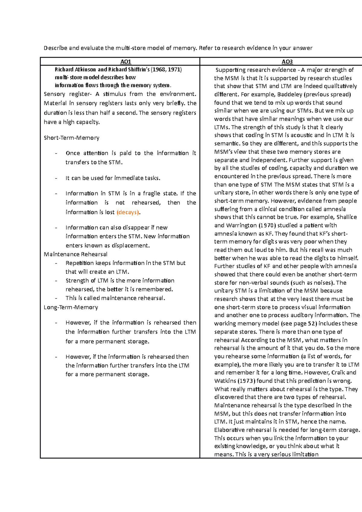 16 Markers in Memory - Describe and evaluate the multi-store model of ...