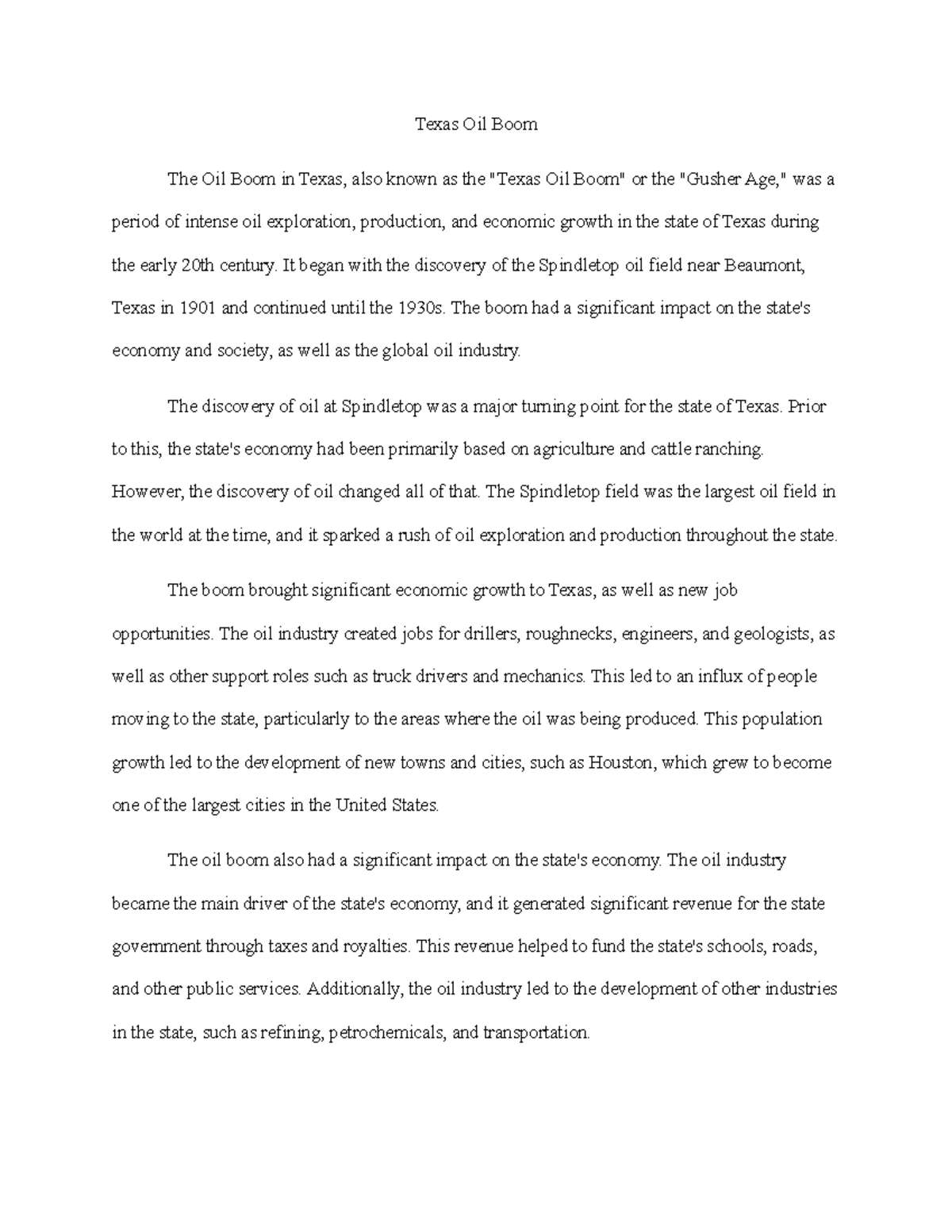 Texas Oil Boom - Texas Oil Boom The Oil Boom in Texas, also known as ...