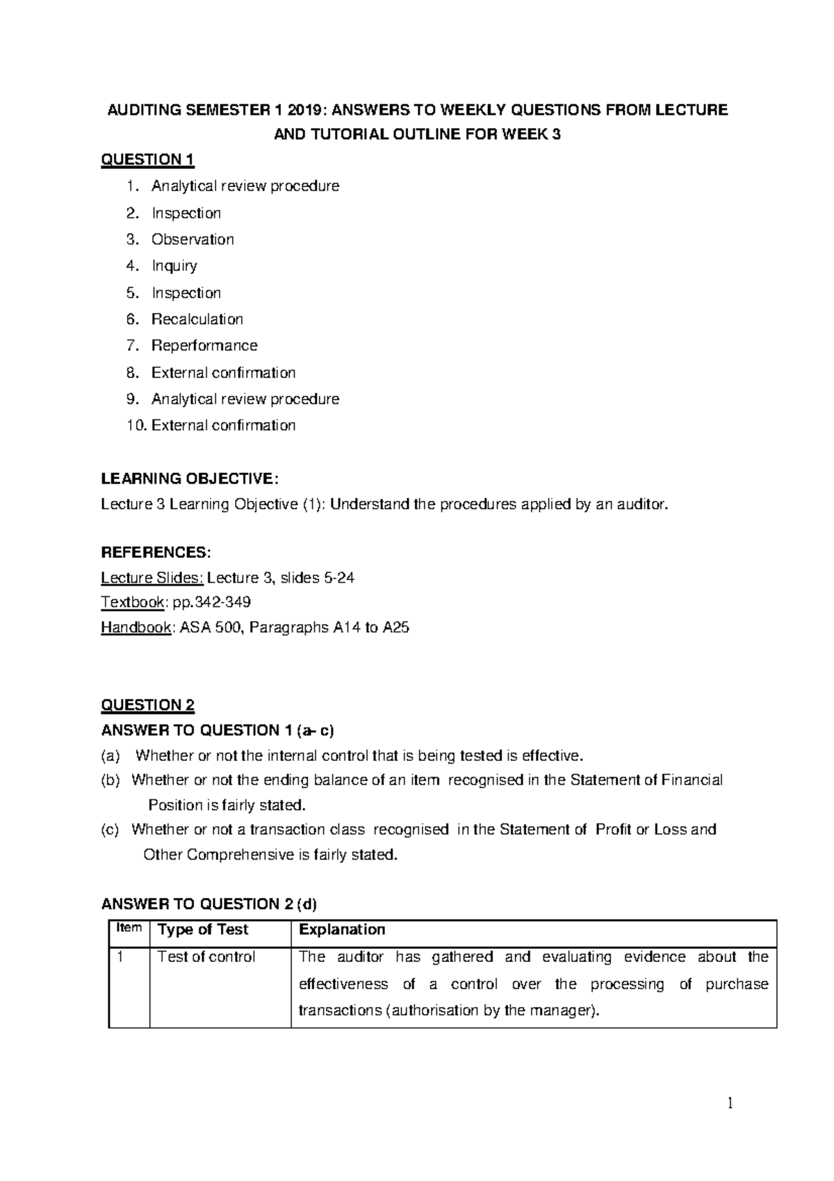 Answers TO Weekly Questions FROM Lecture AND Tutorial Outline FOR Lecture 3-4 - AUDITING ...