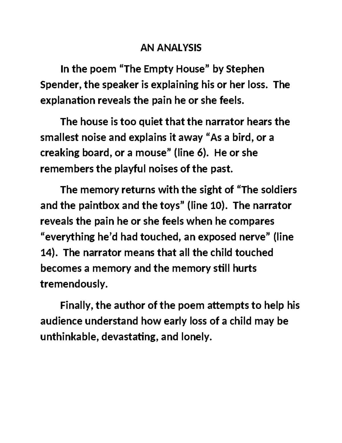 The Empty House analysis model - AN ANALYSIS In the poem “The Empty ...