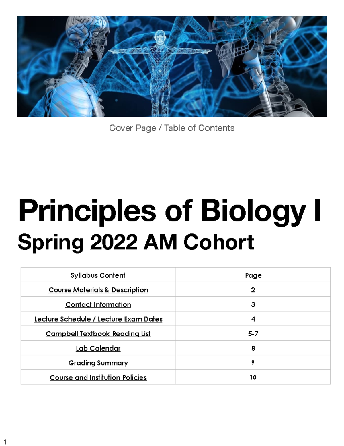 BIOL100 Syllabus SP22 V1 - Principles of Biology I Spring 2022 AM ...