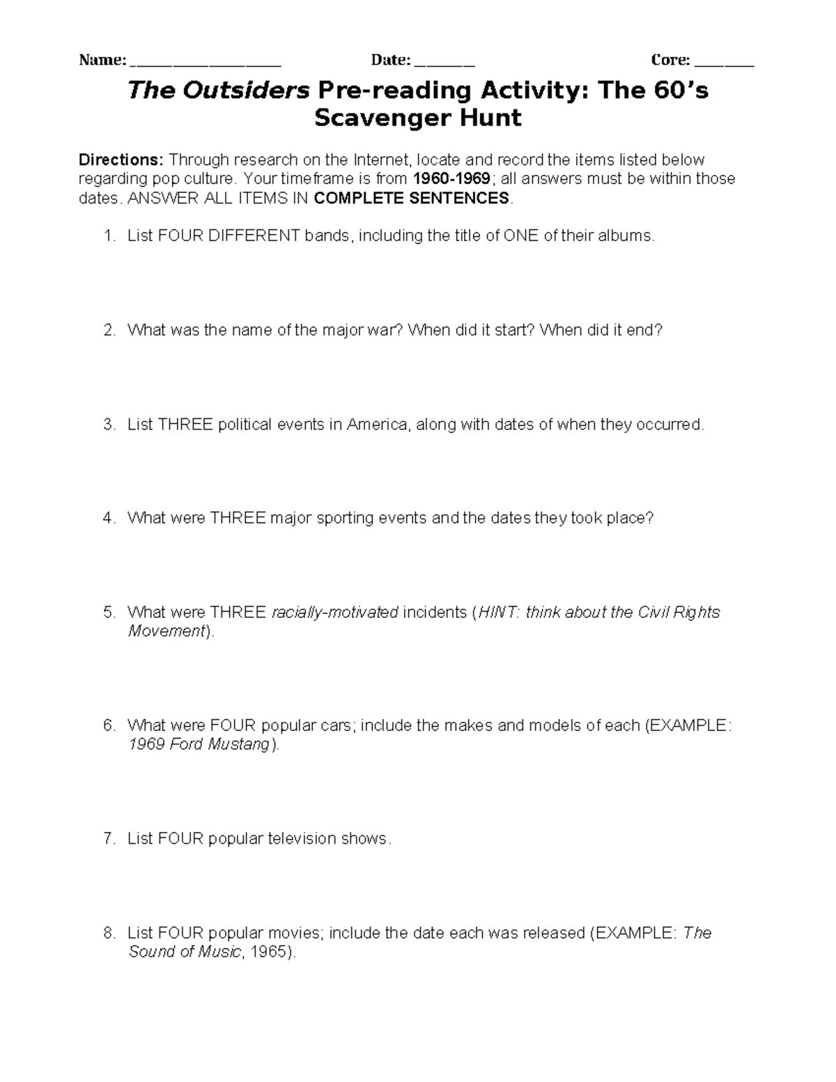 The Outsiders Scavenger Hunt - Name: _________________________ Date ...