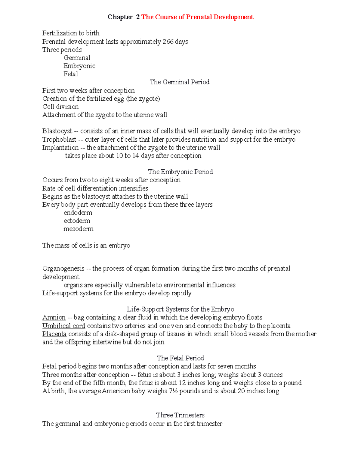 Ch02 The Course of Prenatal Development - Chapter 2 The Course of ...