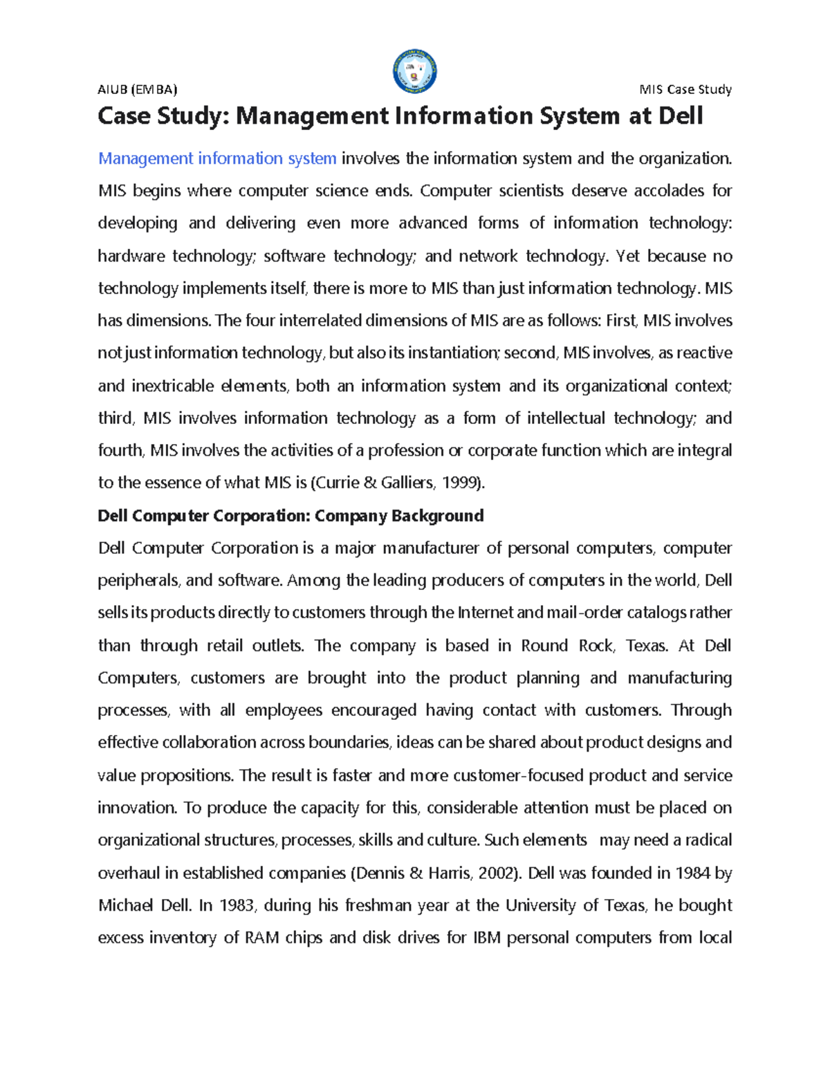 Case Study 1 - EMBA - Case Study: Management Information System at Dell ...