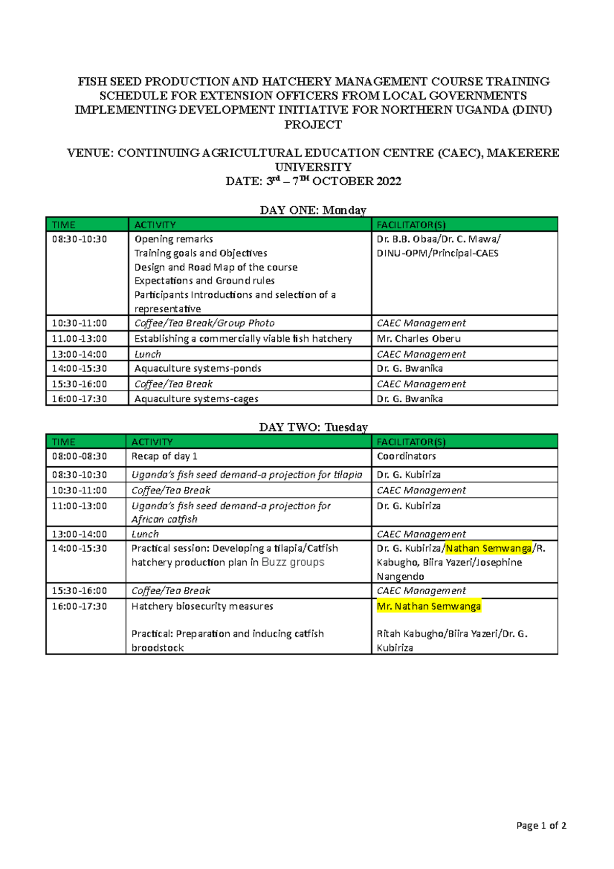 FISH SEED Production AND Hatchery Management Timetable-GKK-03 - FISH ...