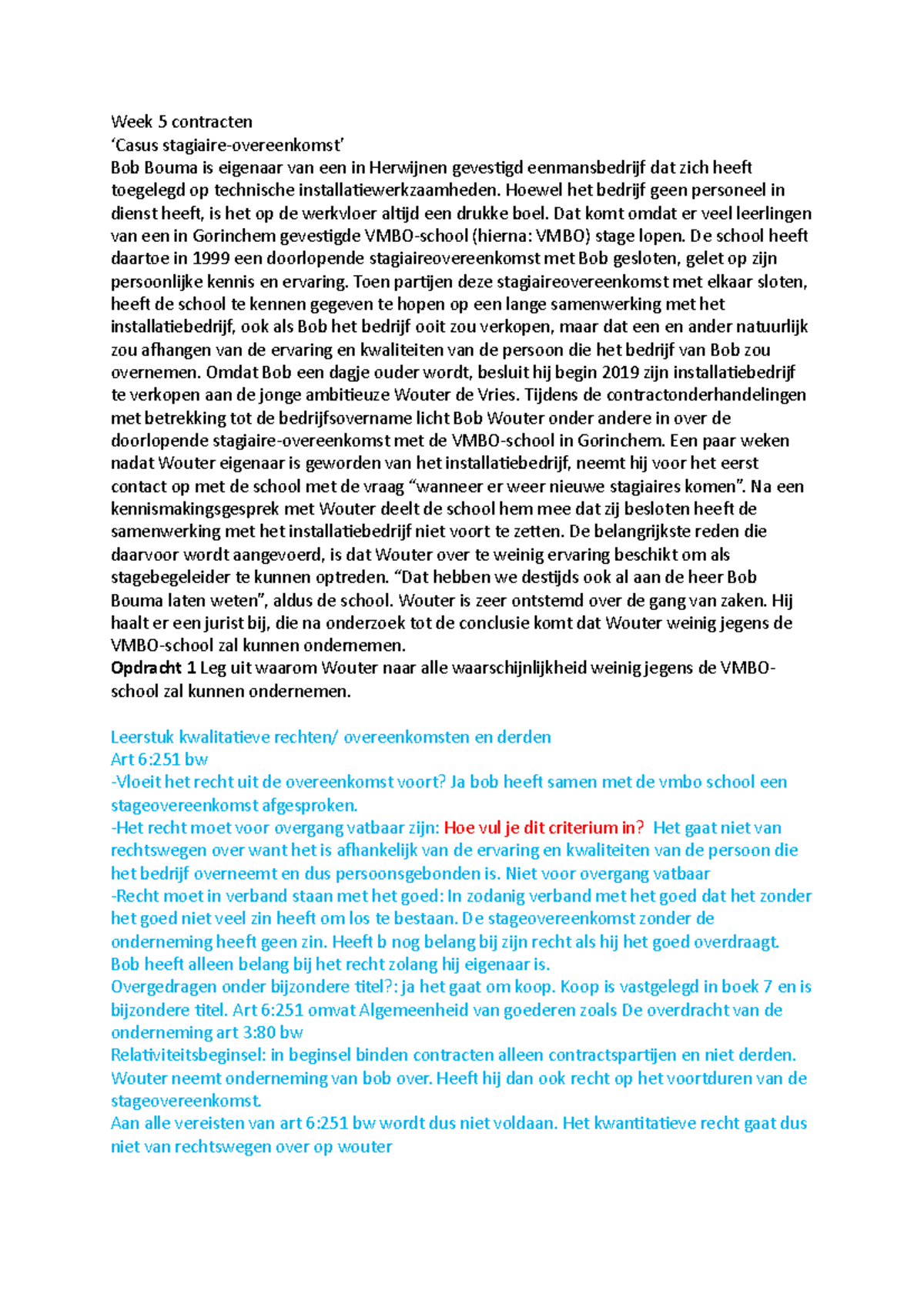 Week 5 contracten - Week 5 contracten ‘Casus stagiaire-overeenkomst ...