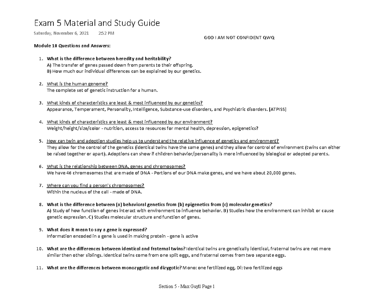 Exam #5 Study Guide - Max Guyll (IN-PERSON) - Module 10 Questions and Answers: What is the - Studocu