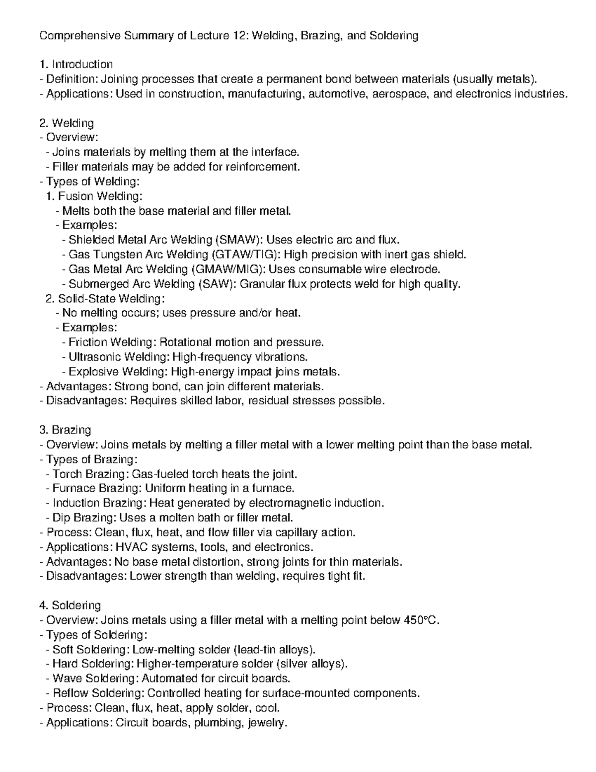 Lecture 12 - Comprehensive Summary of Lecture 12: Welding, Brazing, and ...