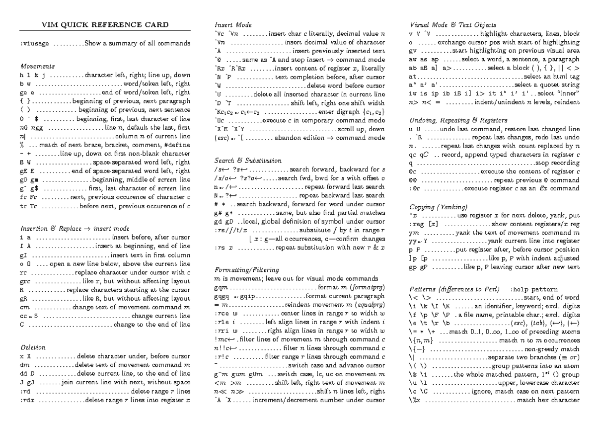 Vim quick reference card and cheat sheet - VIM QUICK REFERENCE CARD :viusage......... .Show a ...
