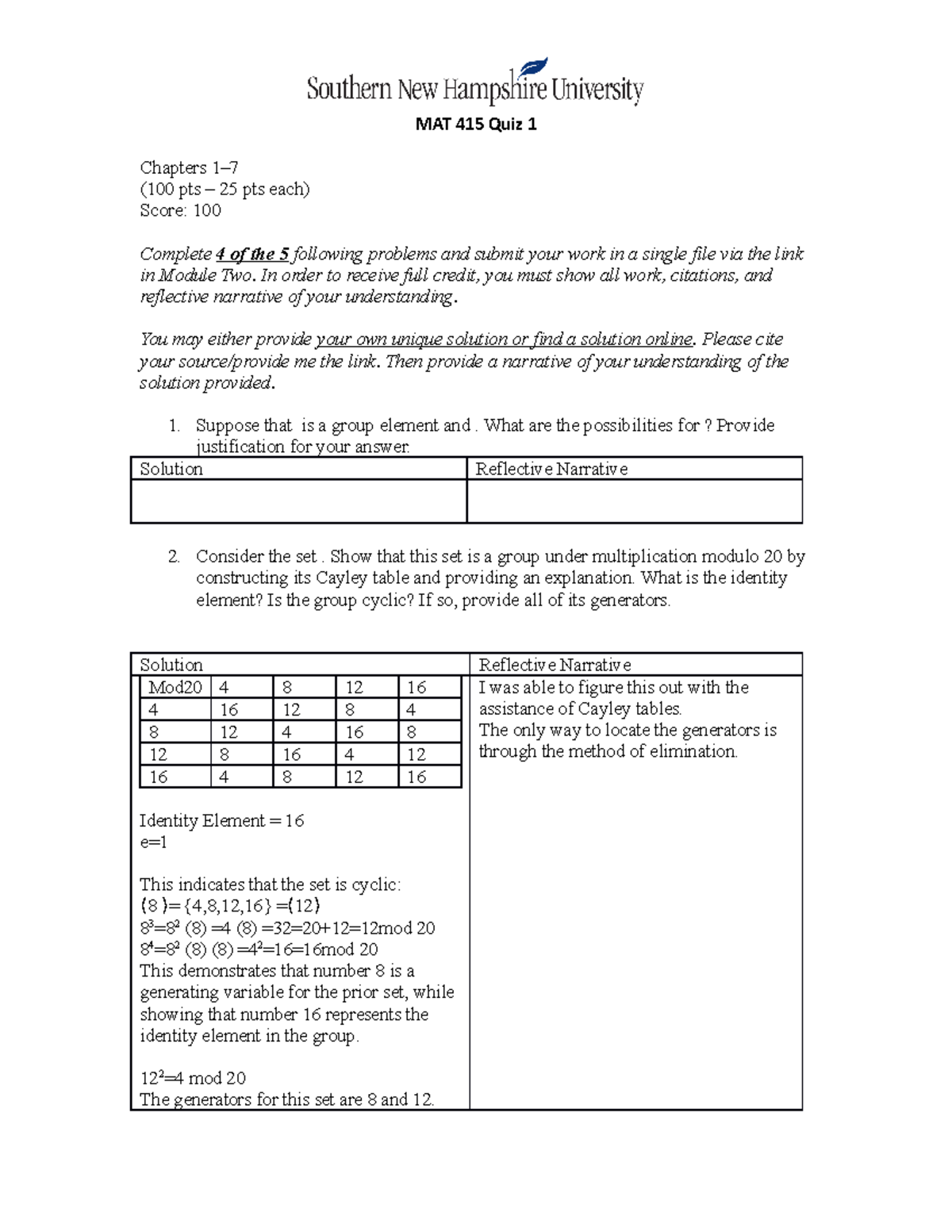 MAT 415 Quiz 1 - Work with grade - MAT 415 Quiz 1 Chapters 1– (100 pts ...