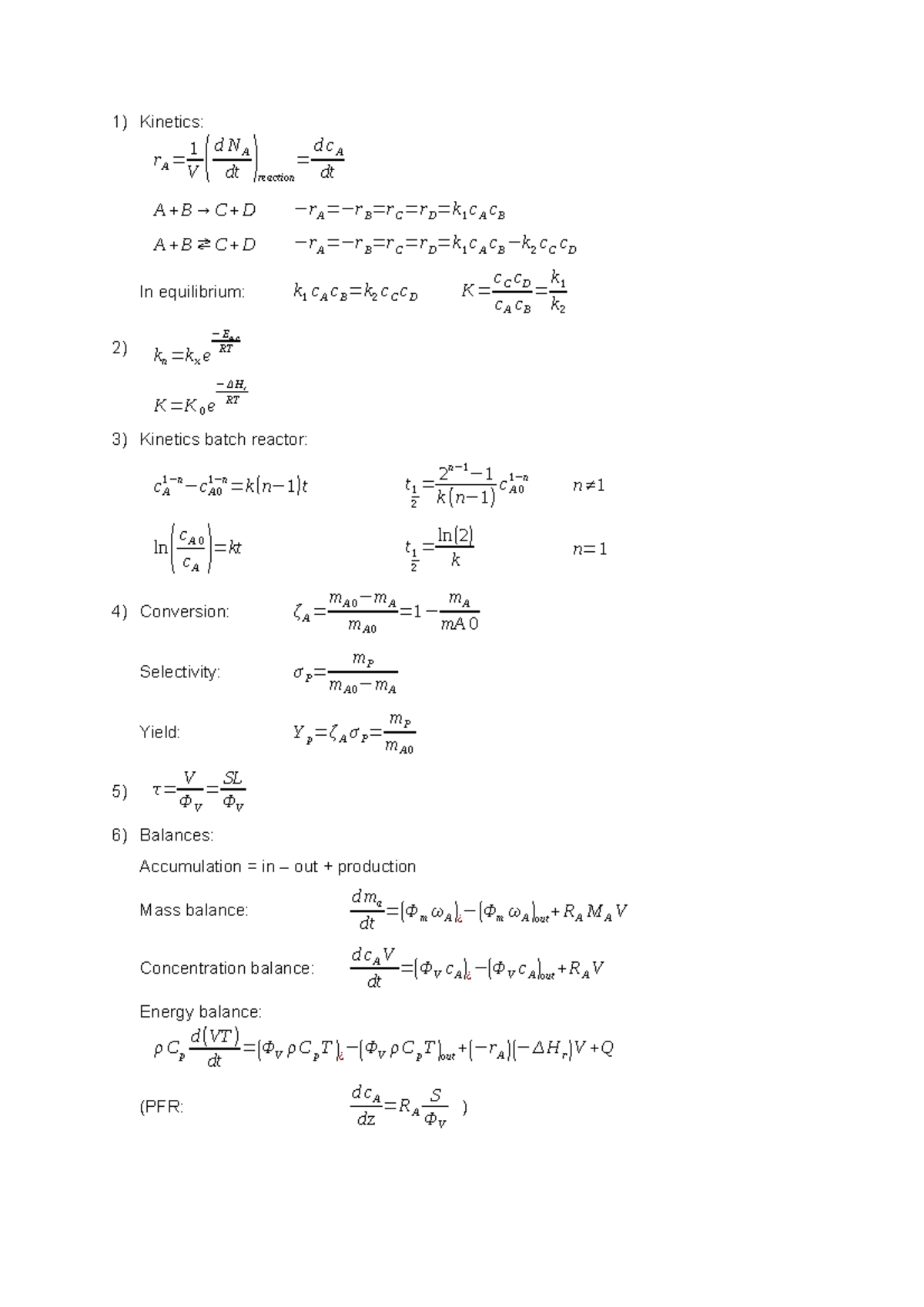 (Bi Na)S - Formula sheet - 1) Kinetics: r A= 1 d NA V dt ( ) = reaction ...
