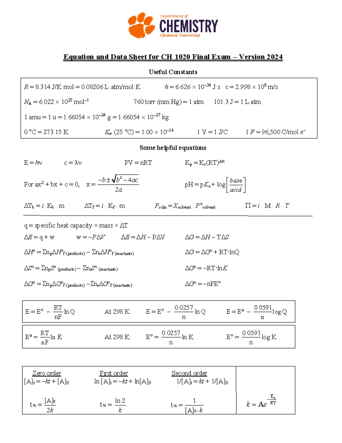 Equation and Data Sheet for CH 1020 Final Exam Version 2024 - Equation ...