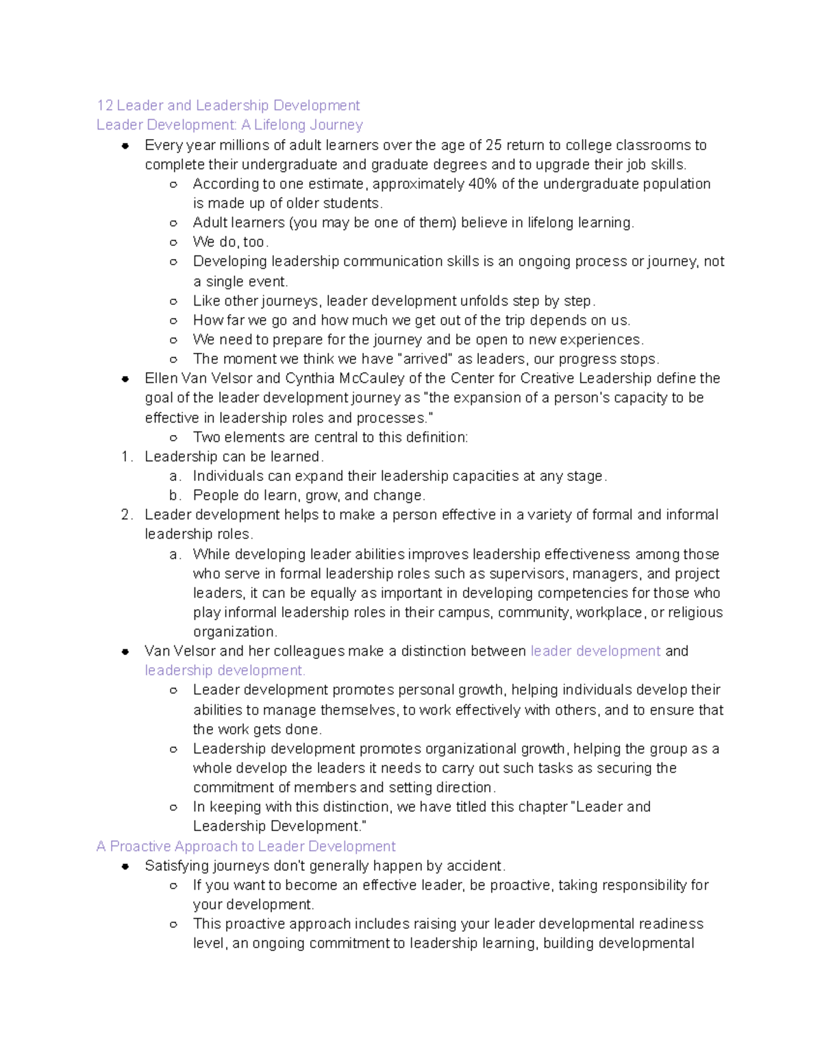 Chapter 12 Notes - Leadership - 12 Leader and Leadership Development ...